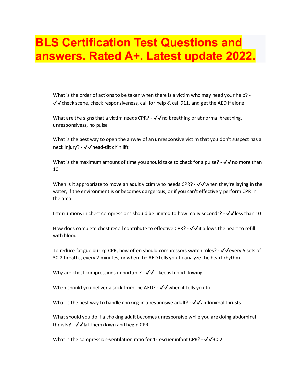 BLS Certification Test Questions and answers. Rated A+. Latest update ...