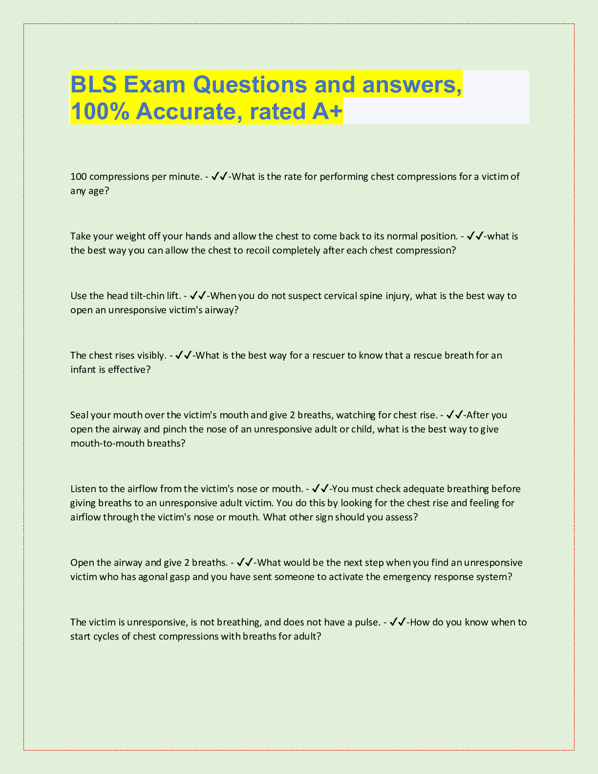 BLS Exam Questions and answers, 100% Accurate, rated A+ - Scholarfriends