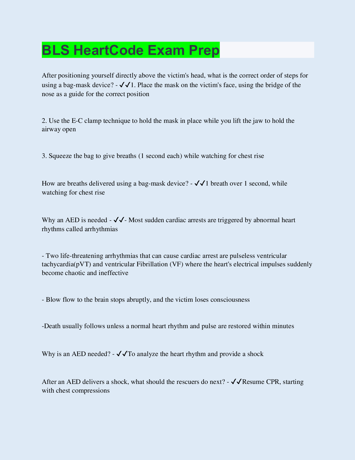 BLS HeartCode Exam Prep | 100 Questions with 100% Correct Answers ...