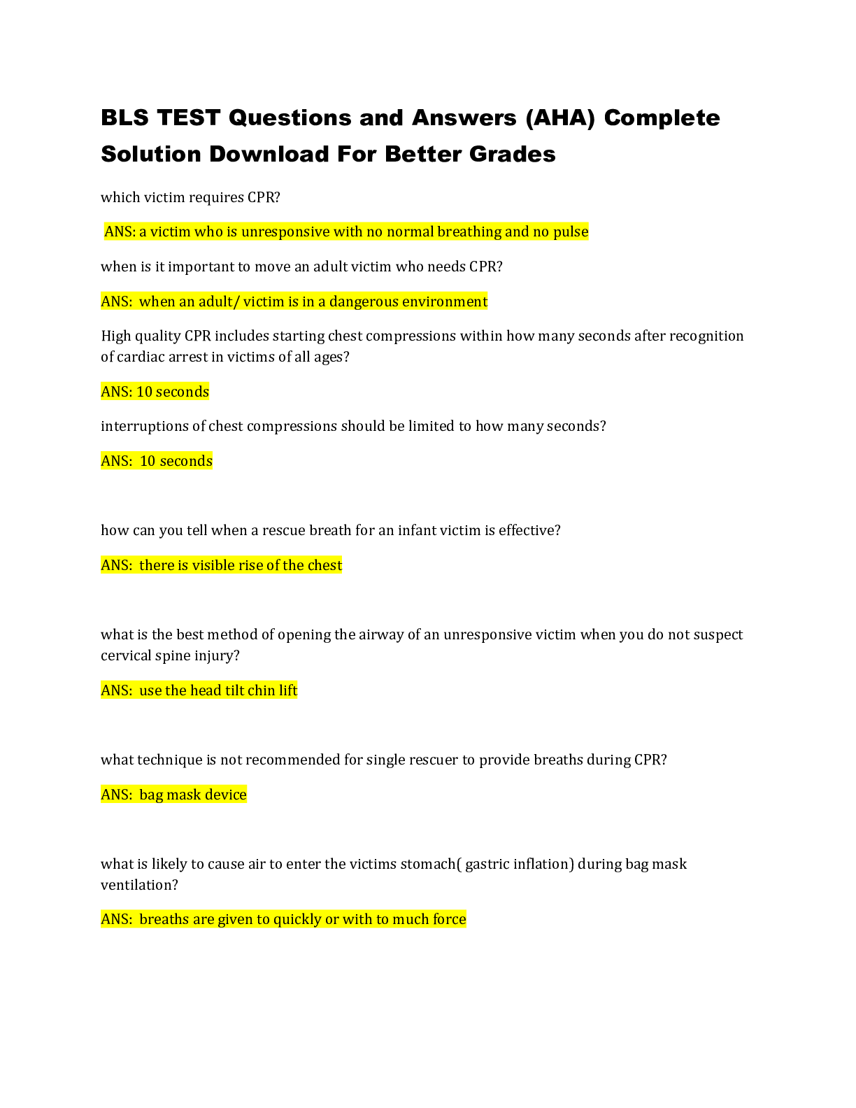 BLS TEST Questions and Answers (AHA) Complete Solution Download For ...