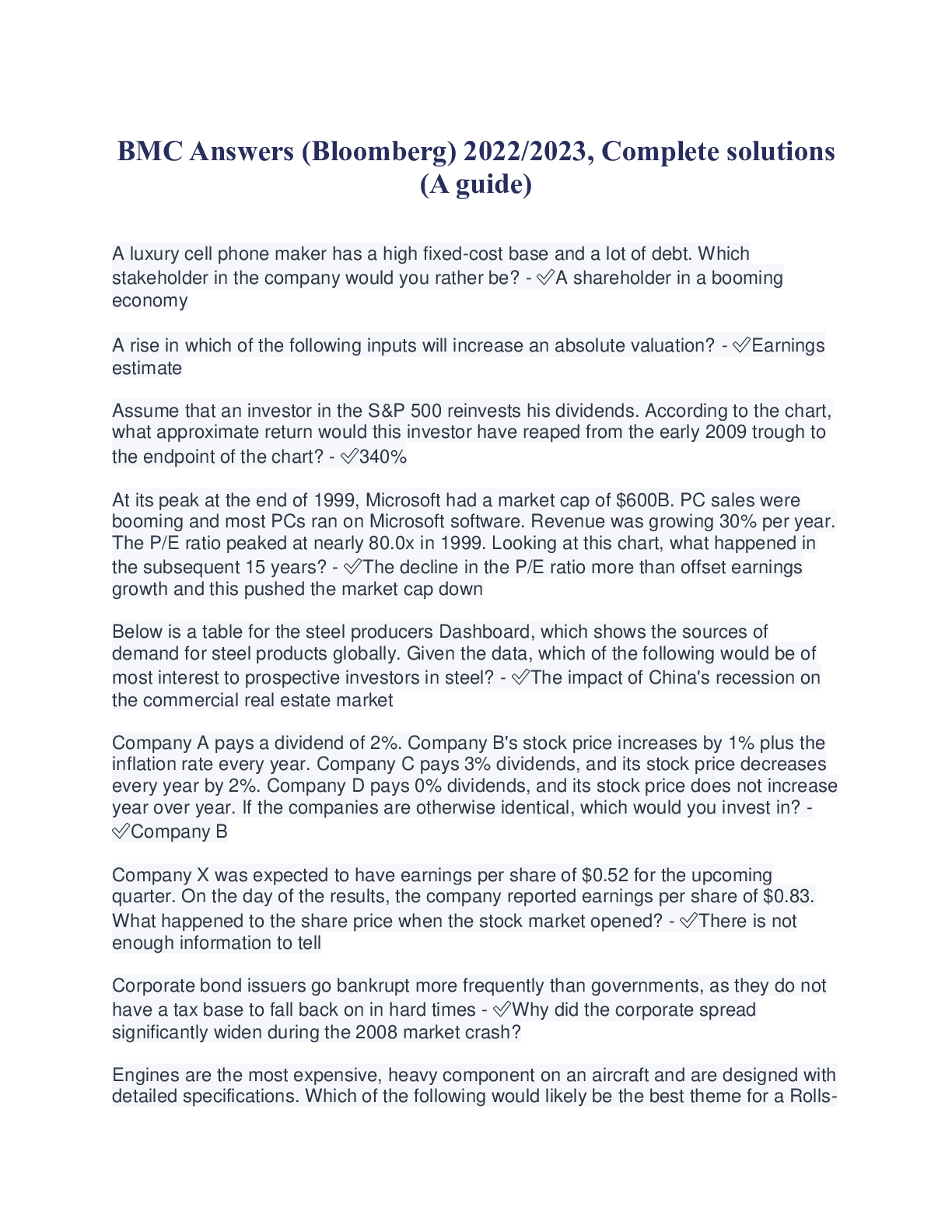 BMC Answers (Bloomberg) 2022/2023, Complete solutions (A guide ...