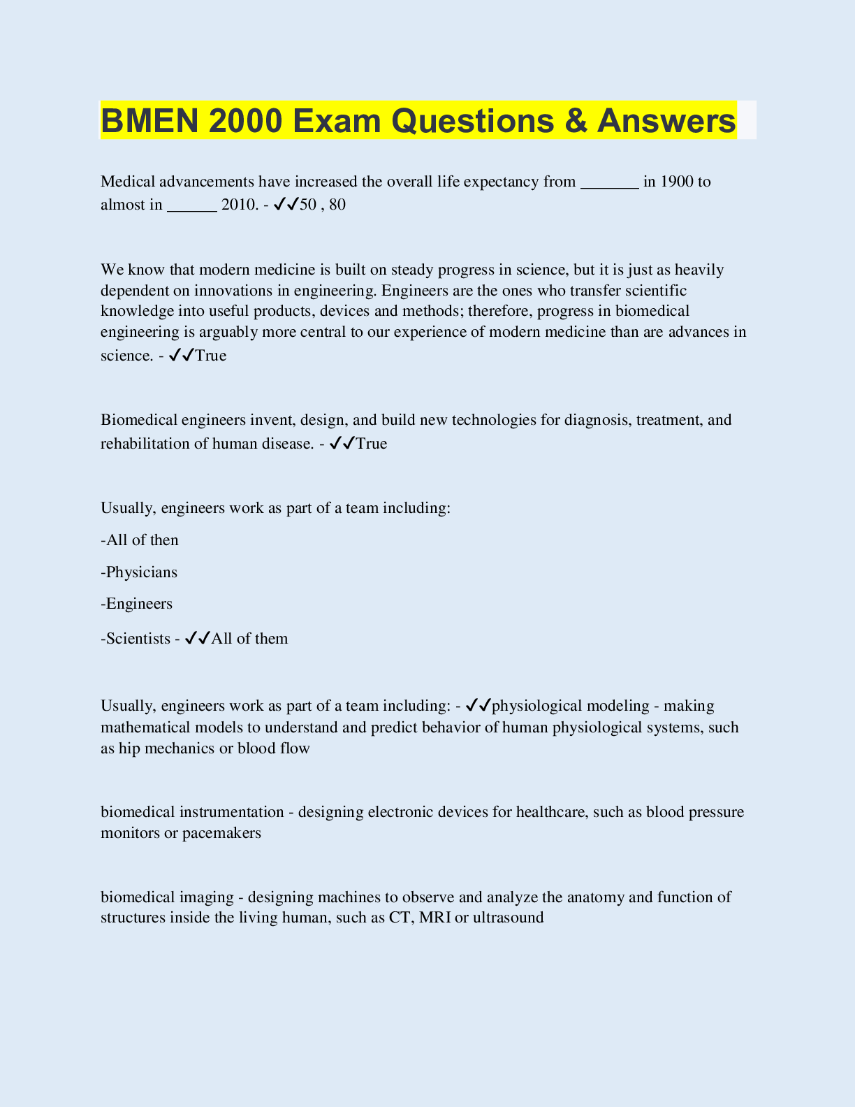 BMEN 2000 Exam Questions & Answers | 240 Questions with 100% Correct ...