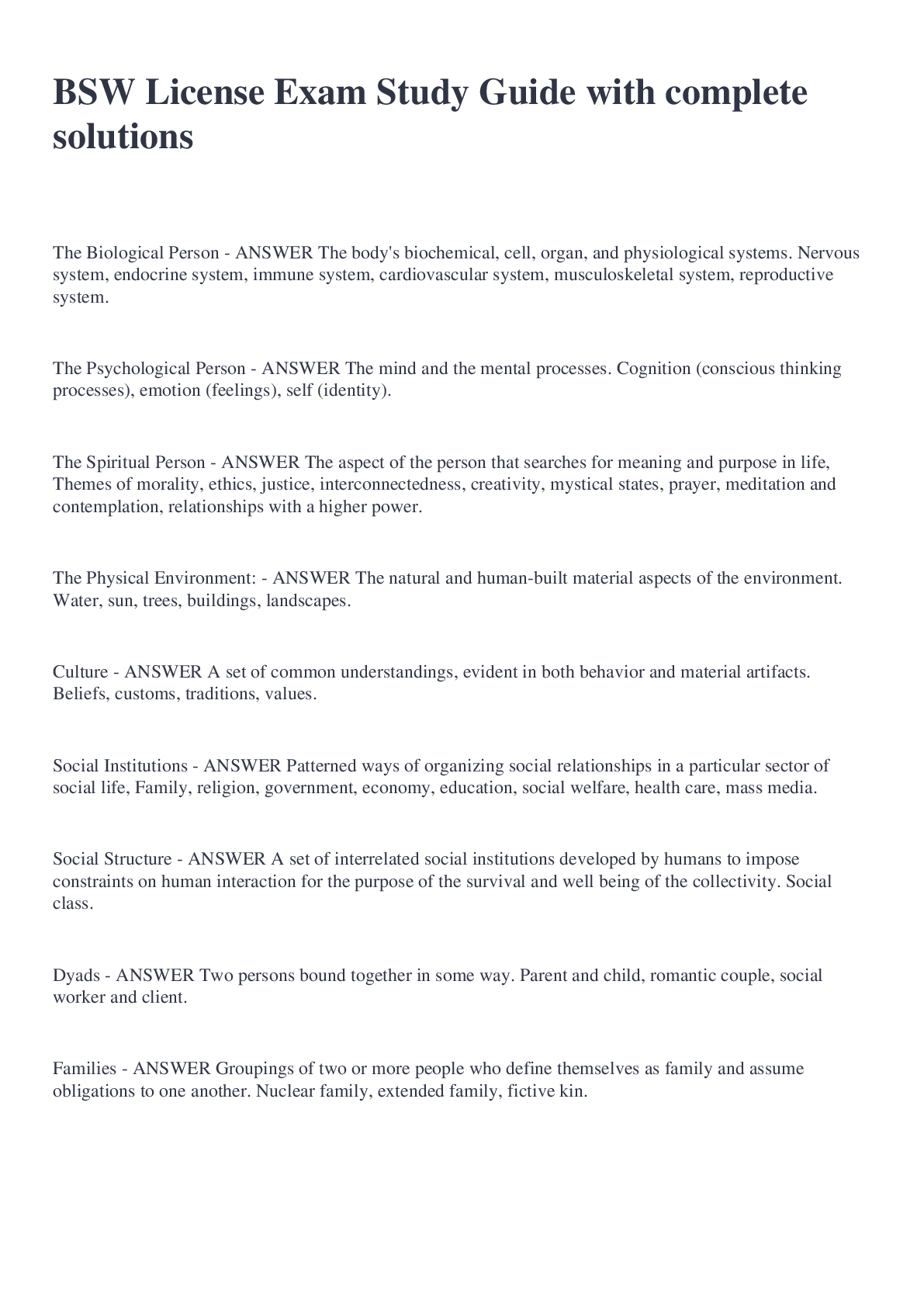 BSW License Exam Study Guide with complete solutions - Scholarfriends