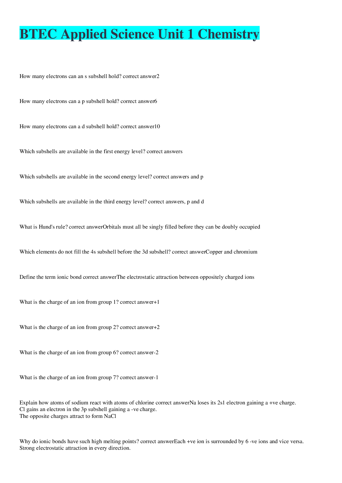BTEC Applied Science Unit 1 Chemistry questions and answers 2022/2023 ...