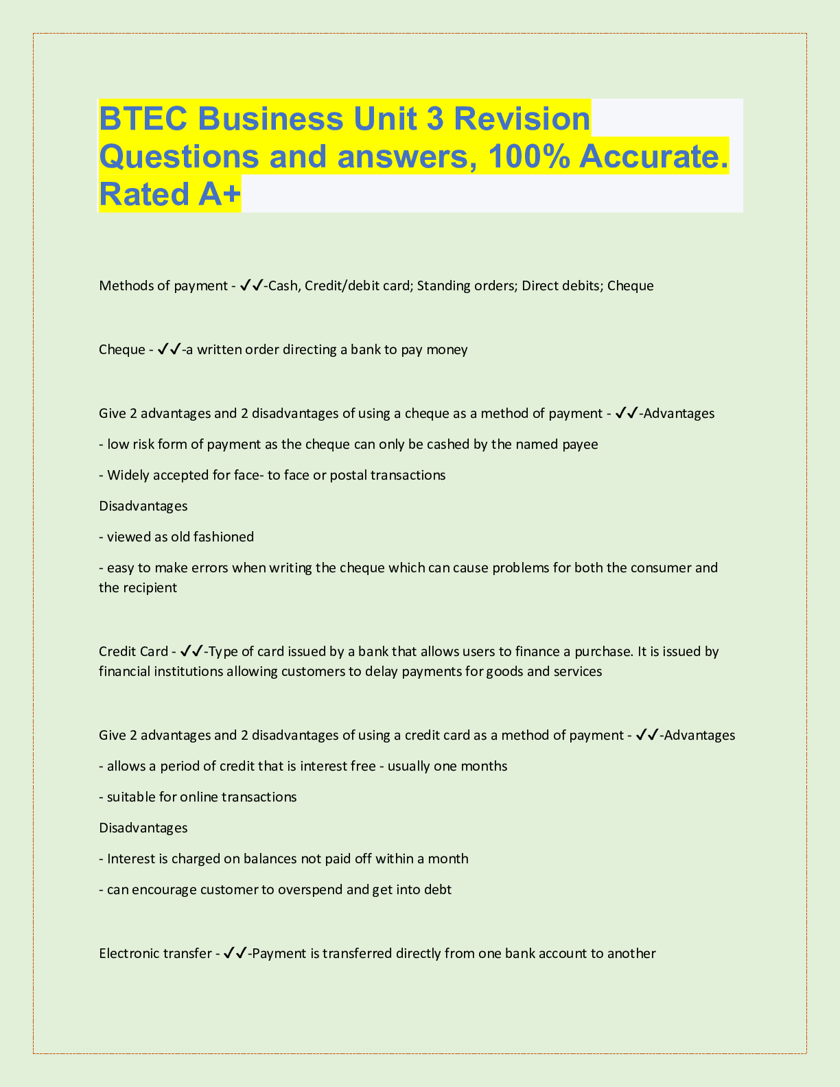 BTEC Business Unit 3 Revision Questions and answers, 100% Accurate ...