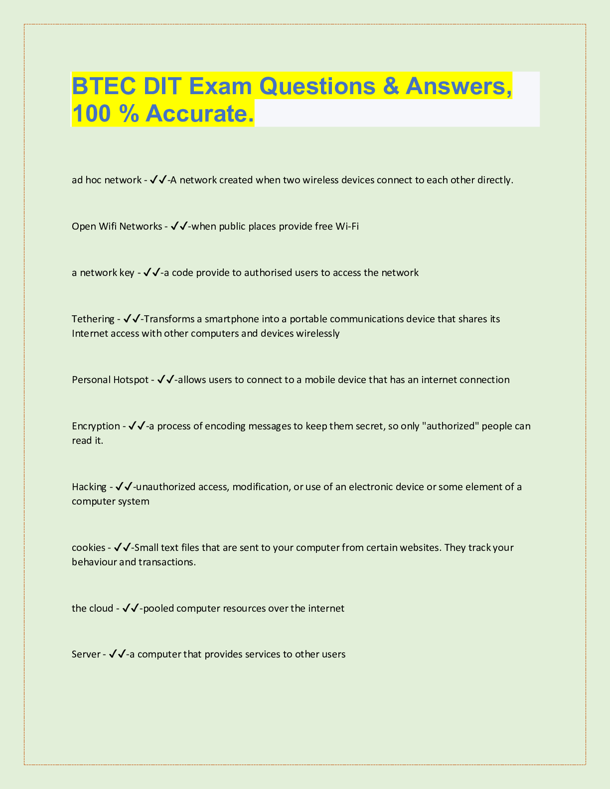 BTEC DIT Exam Questions & Answers, 100 % Accurate. - Scholarfriends