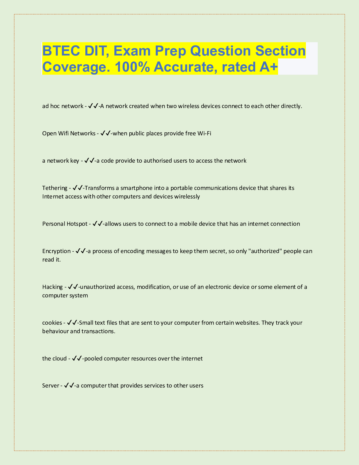 BTEC DIT, Exam Prep Question Section Coverage. 100% Accurate, rated A+ ...