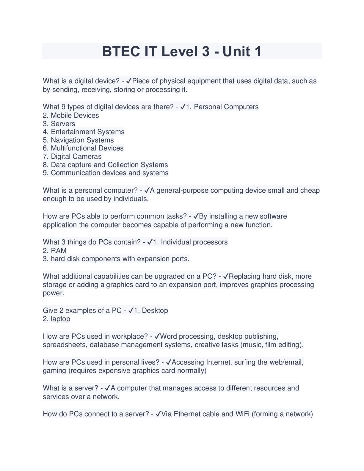 BTEC IT Level 3 - Unit 1 (Latest 2023/2024) Complete Solutions ...