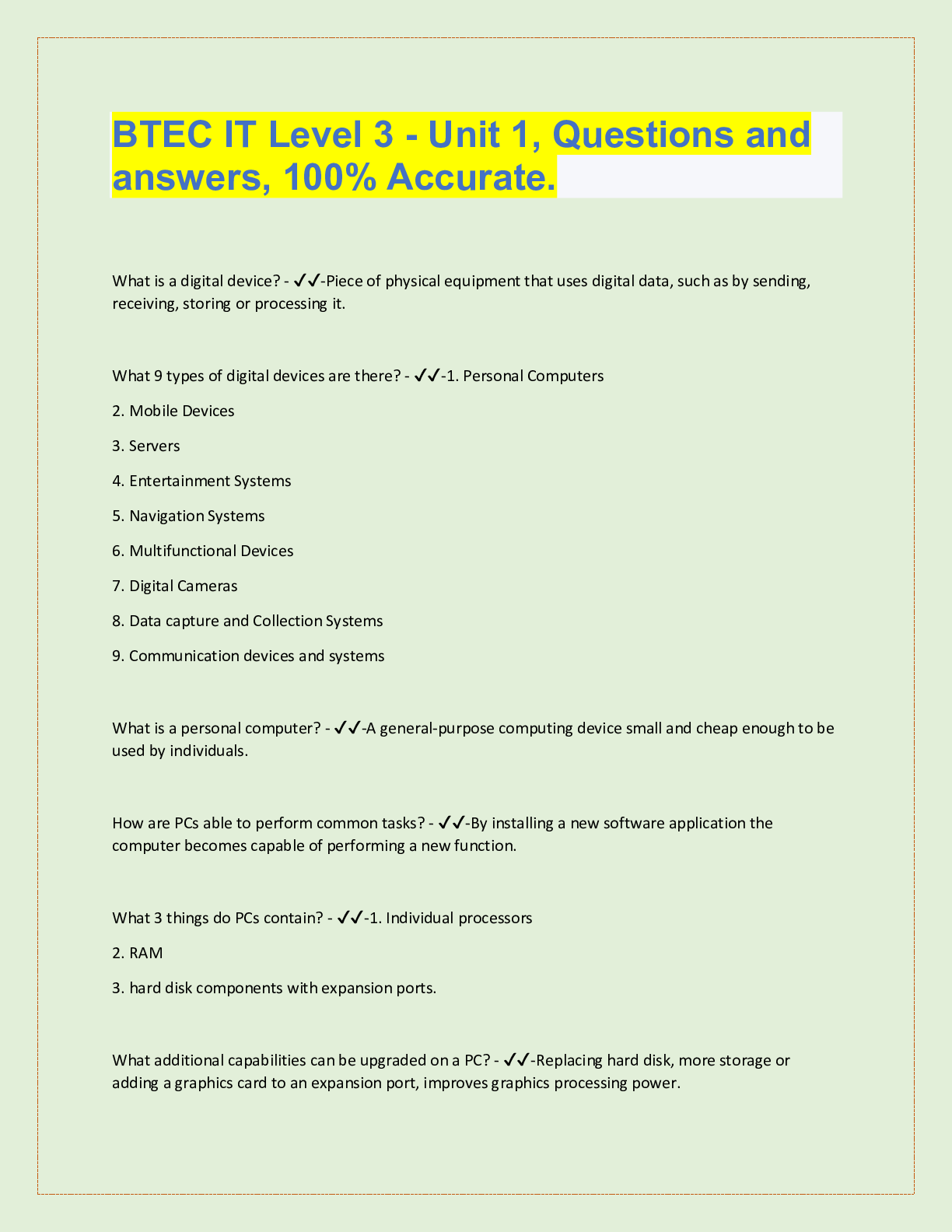 BTEC IT Level 3 - Unit 1 Exam review Questions (Answered) 2022 update ...