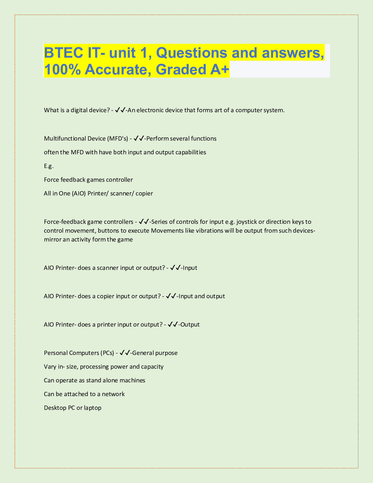 BTEC IT- unit 1, Questions and answers, 100% Accurate, Graded A+ ...