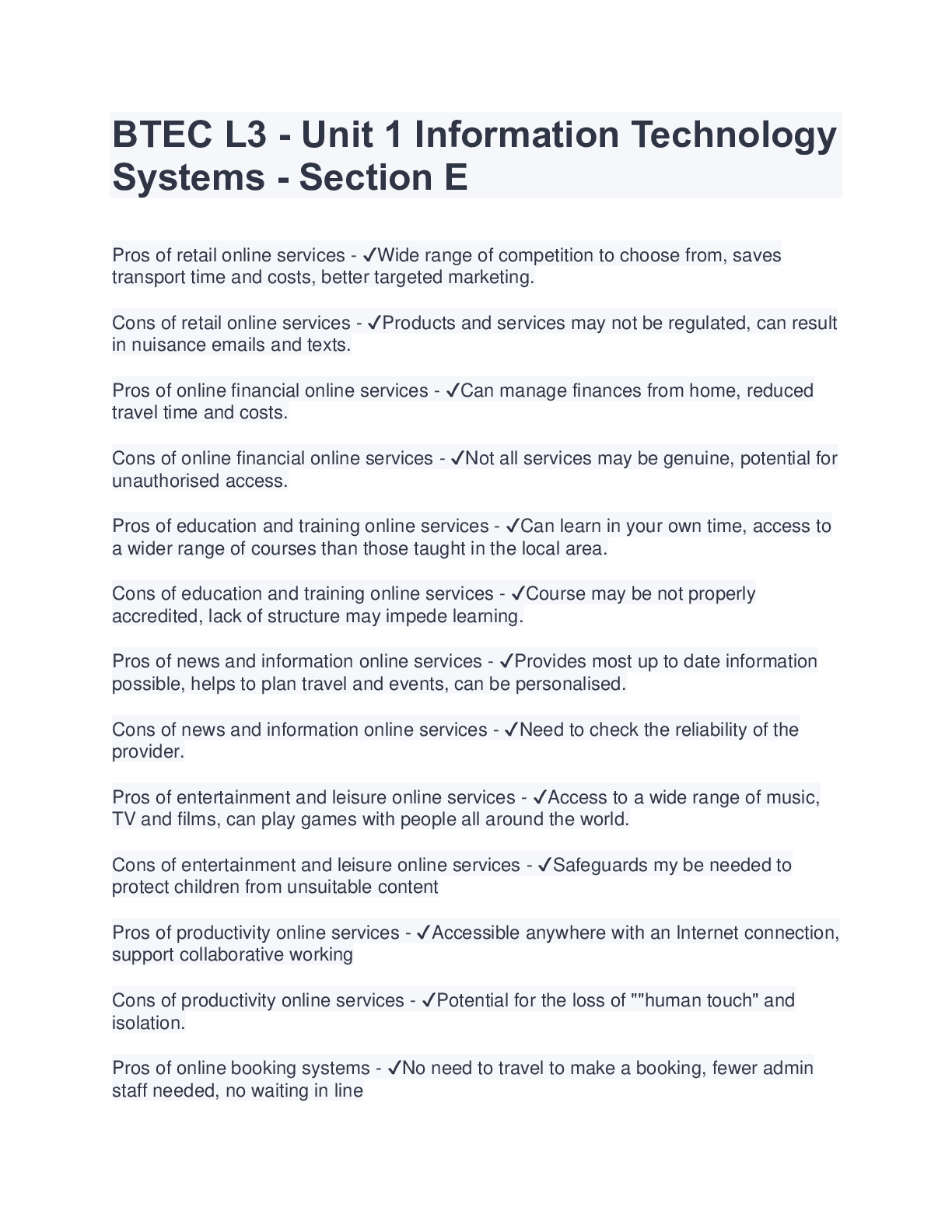 BTEC L3 - Unit 1 Information Technology Systems - Section E (Latest ...
