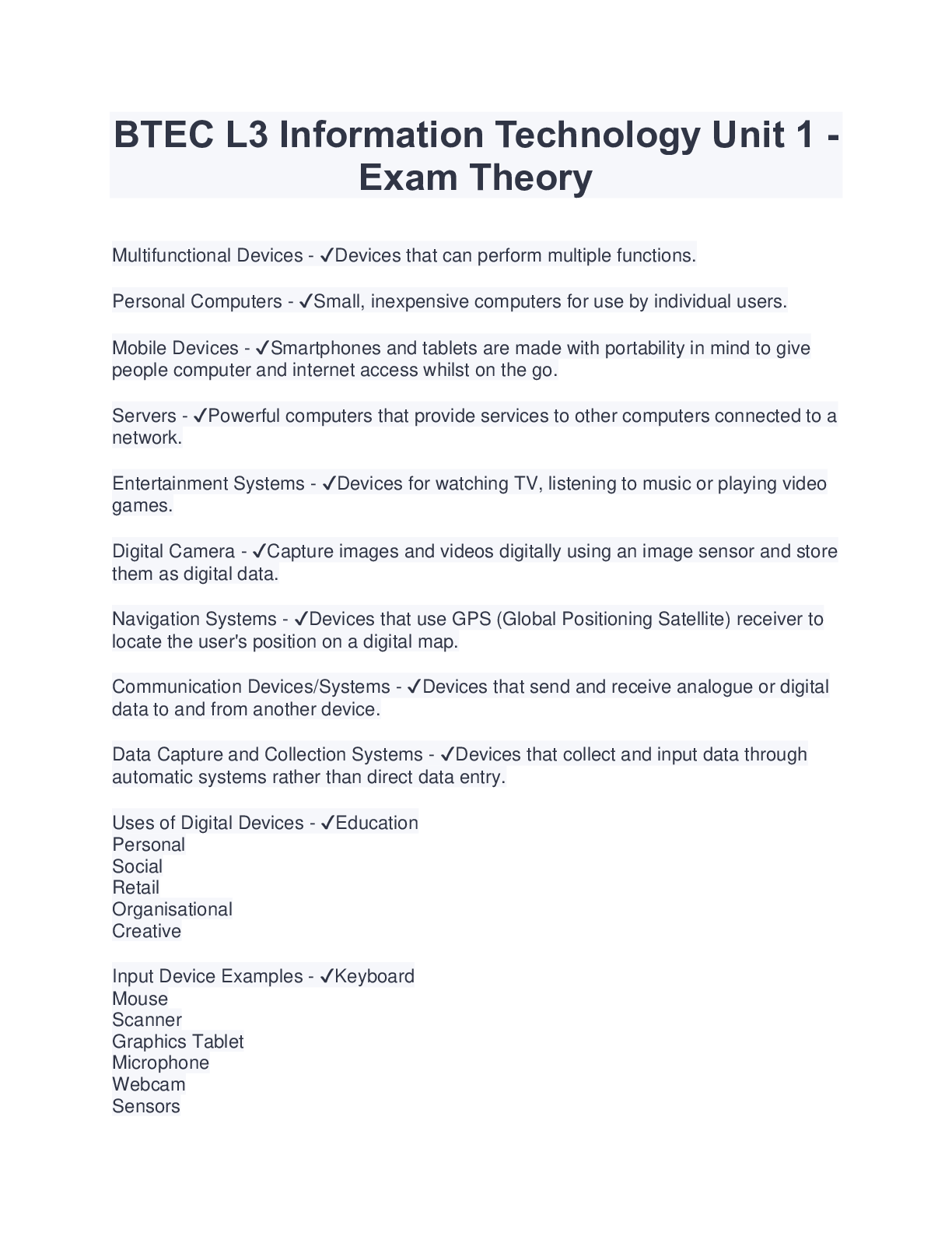 BTEC L3 Information Technology Unit 1 - Exam Theory (Latest 2023/2024 ...