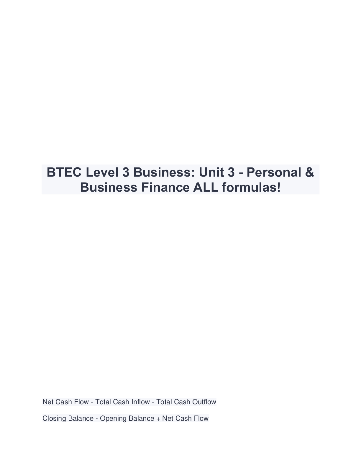 BTEC Level 3 Business: Unit 3 - Personal & Business Finance ALL ...