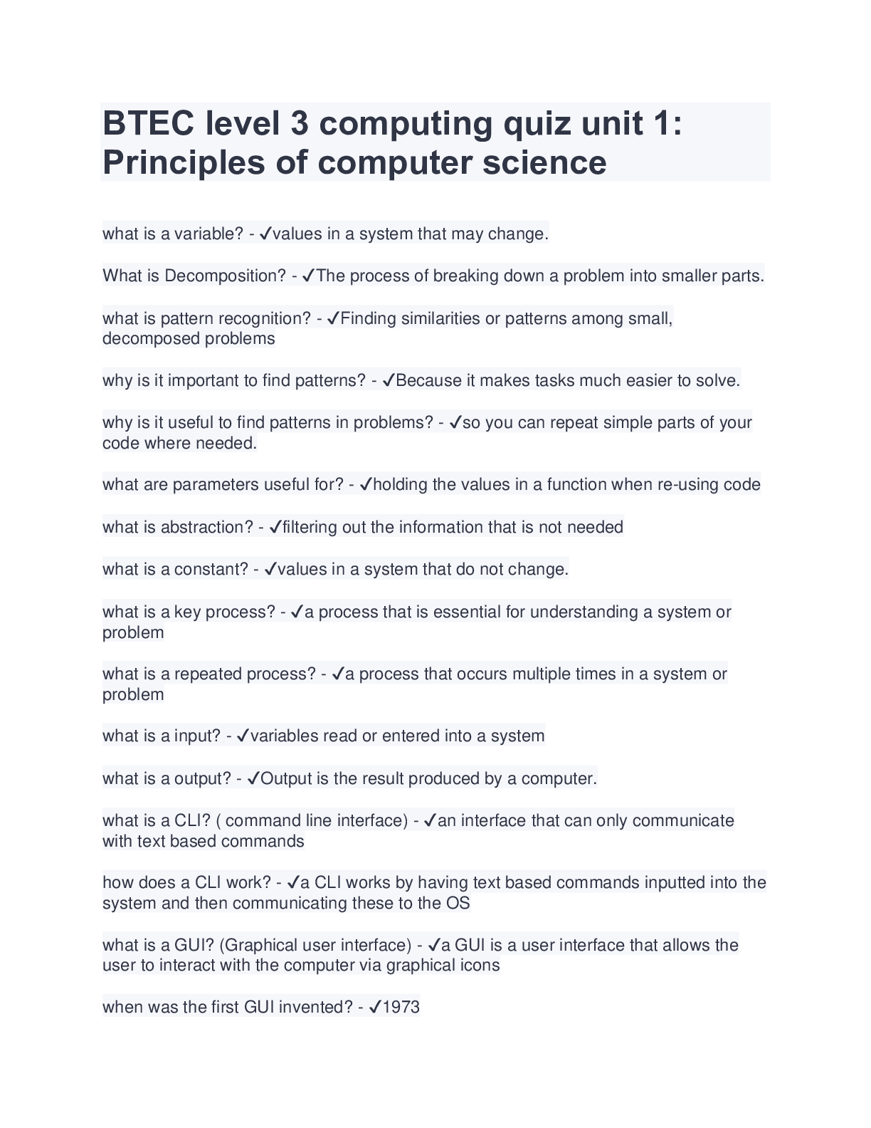 BTEC level 3 computing Quiz unit 1: Principles of computer science ...