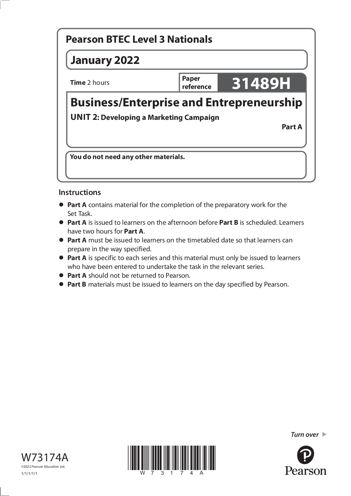 Pearson BTEC Level 3 Nationals 31489H Business/Enterprise and ...