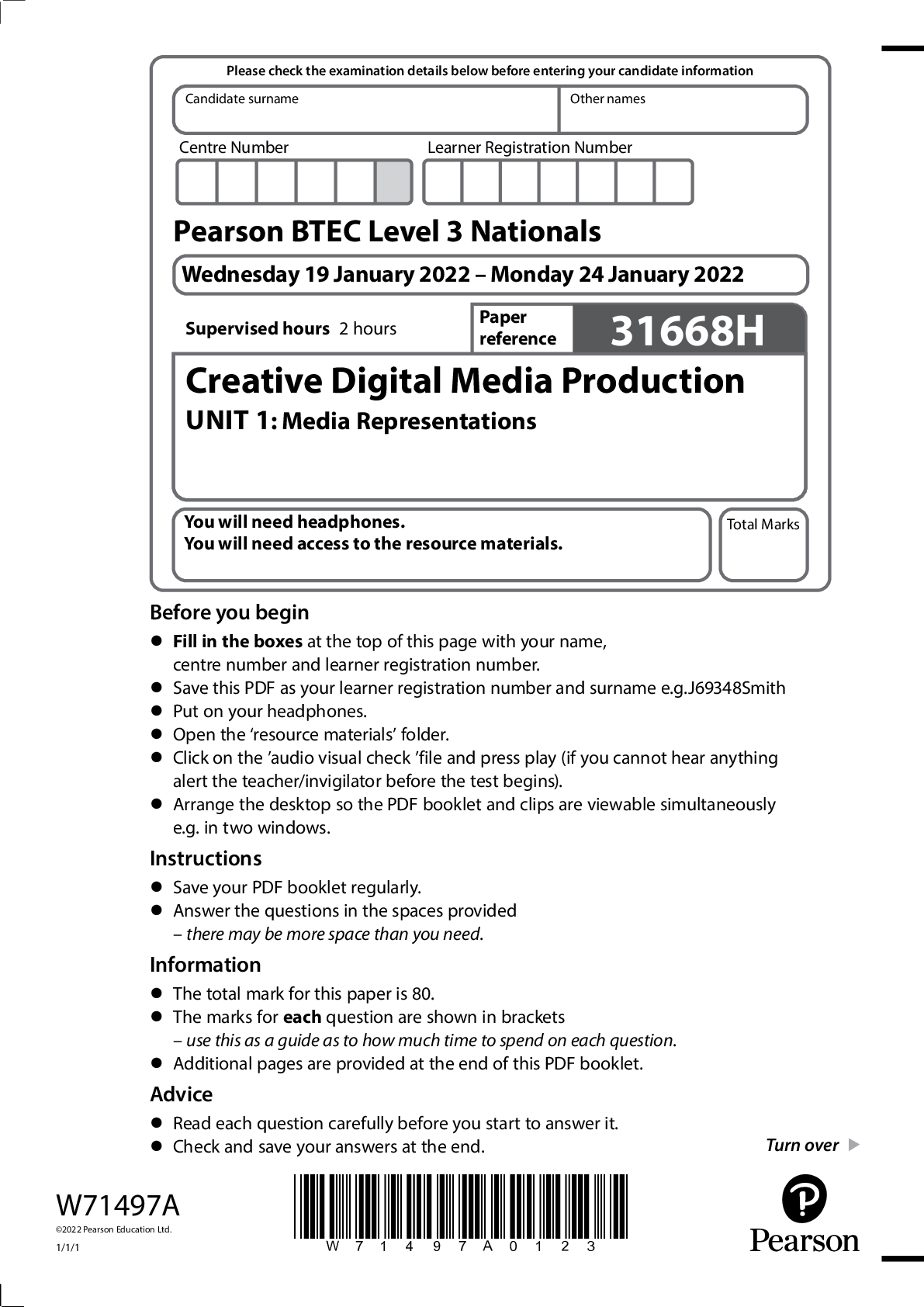 Pearson BTEC Level 3 Nationals 31668H Creative Digital Media Production ...