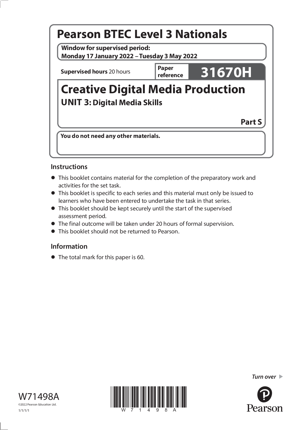 Pearson BTEC Level 3 Nationals 31670H Creative Digital Media Production ...