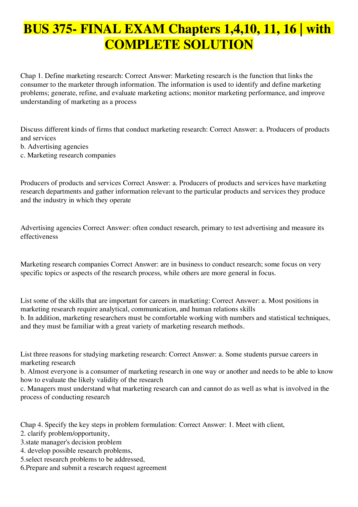 BUS 375- FINAL EXAM Chapters 1,4,10, 11, 16, Questions and answers ...