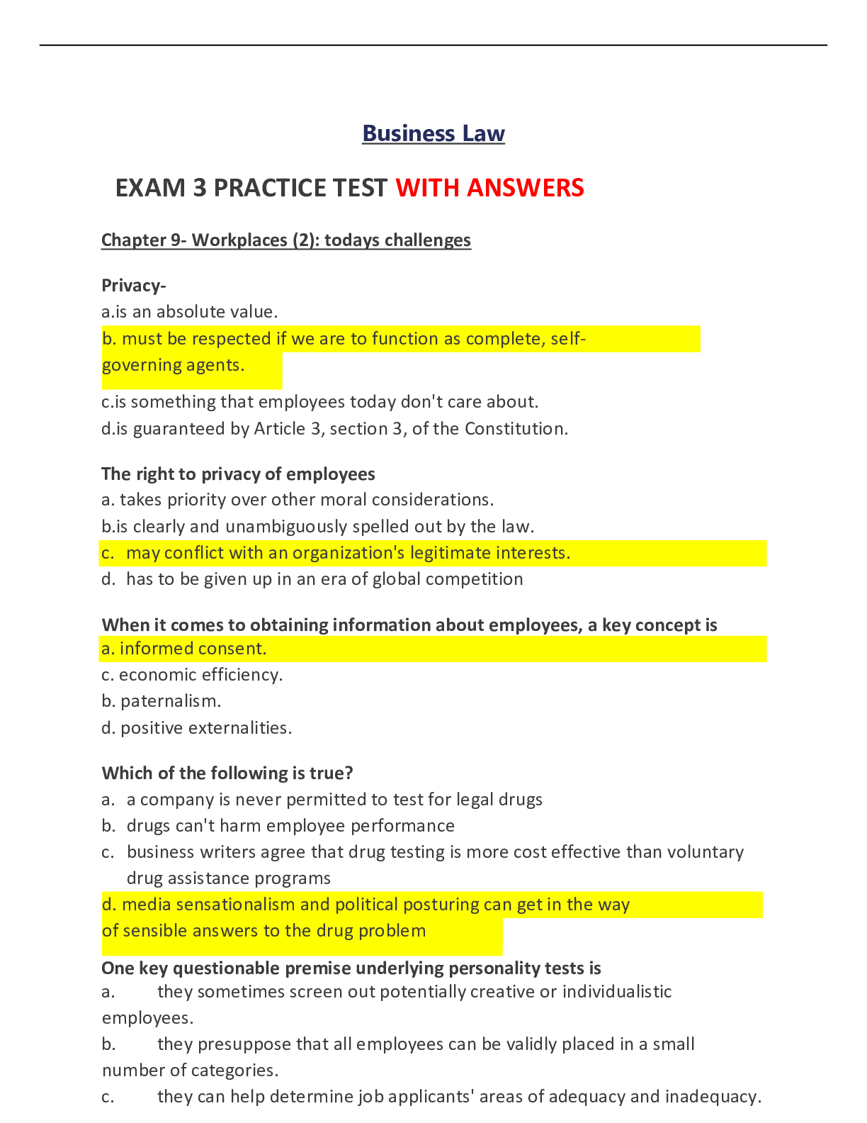 BUSINESS LAW EXAM 3 PRACTICE TEST WITH ANSWERS LATEST 2023 - Scholarfriends