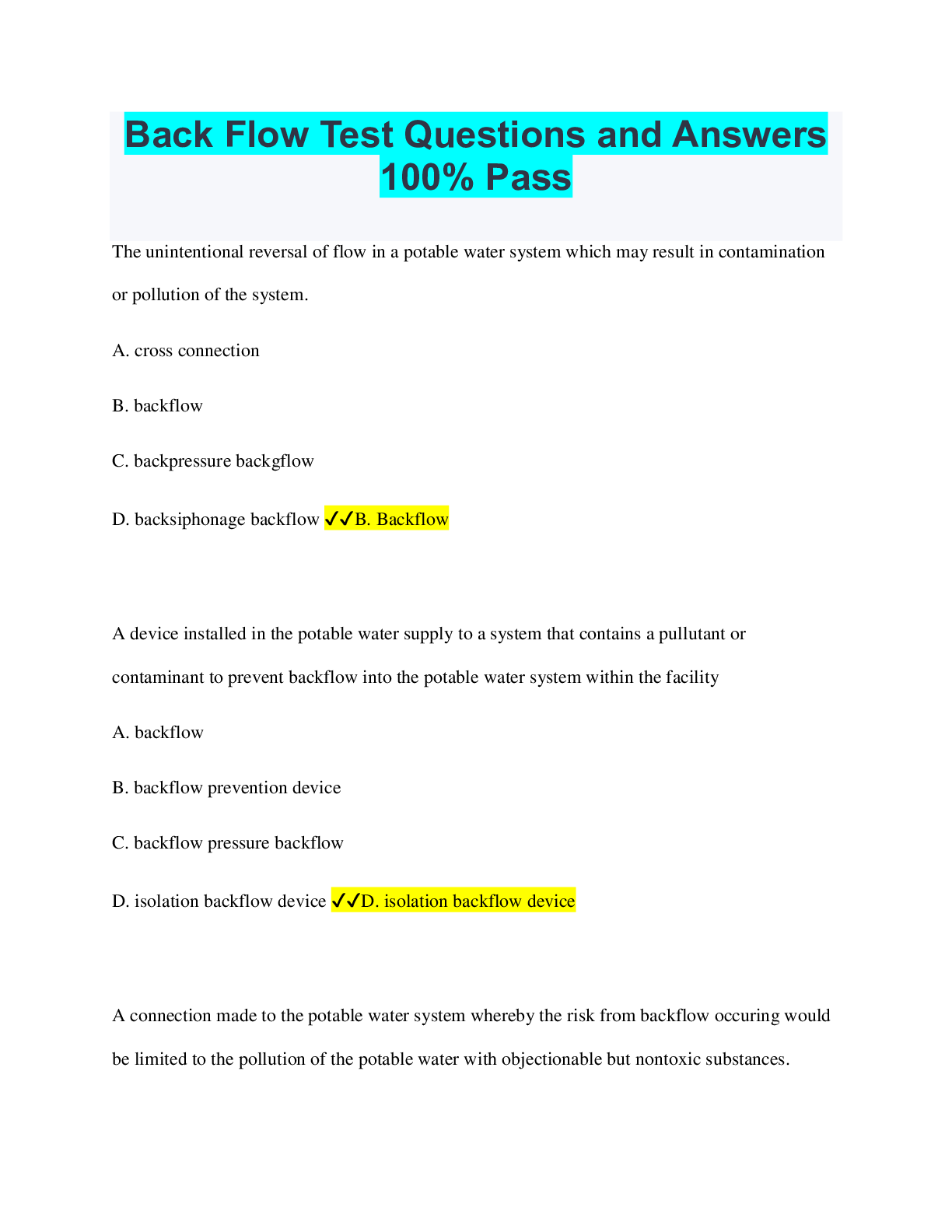 Back Flow Test Questions and Answers 100% Pass – Scholarfriends ...