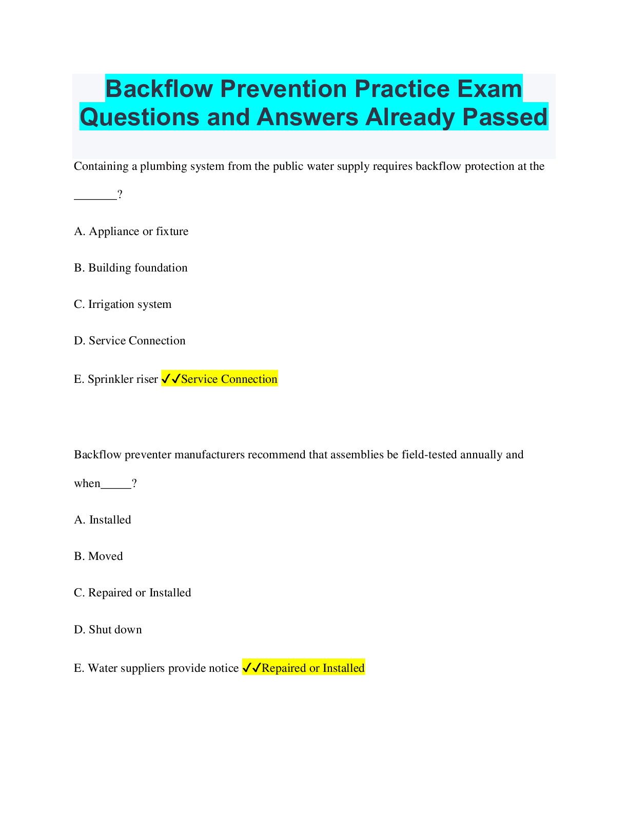Backflow Prevention Practice Exam Questions and Answers Already Pass ...