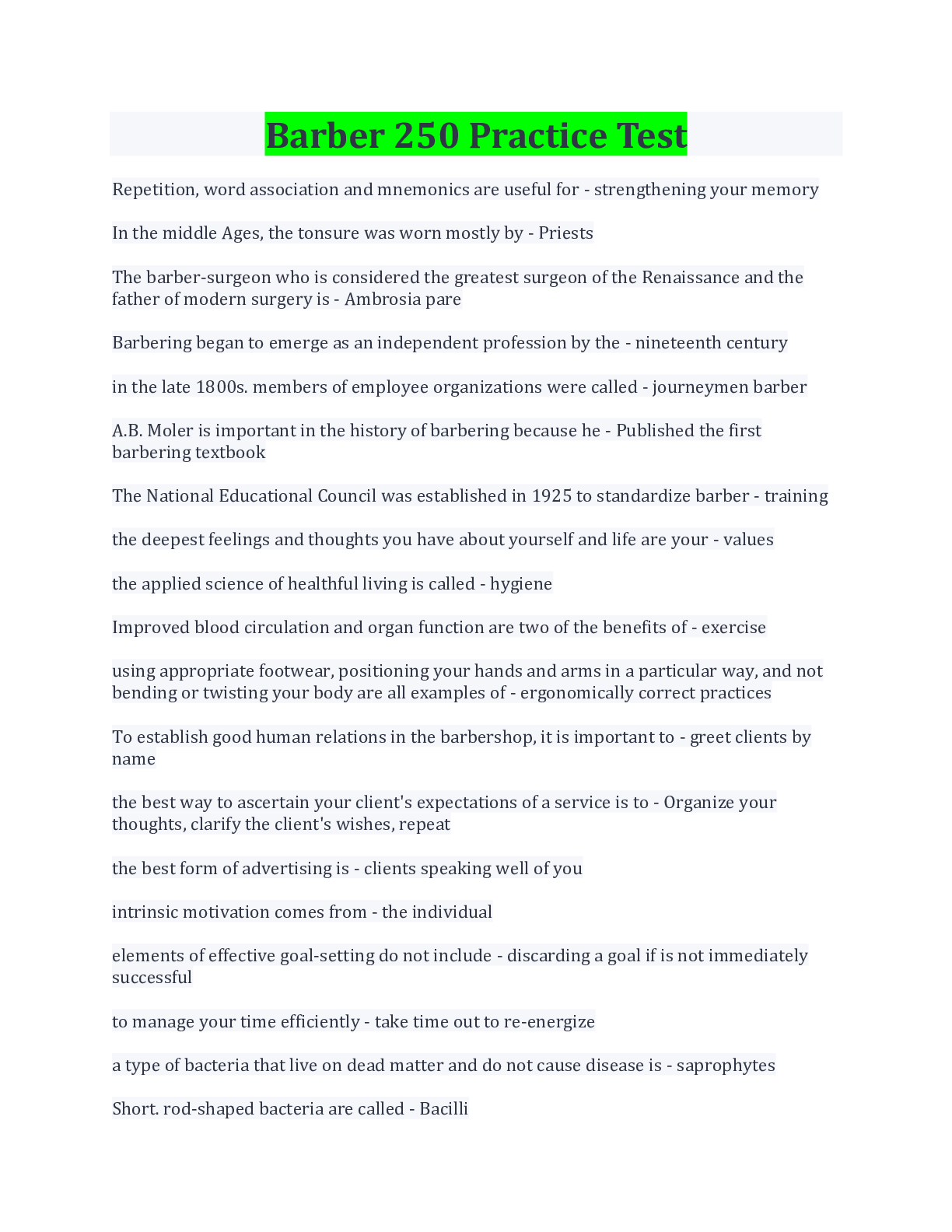 Barber 250 Practice Test With Complete Solution/ Download - Scholarfriends