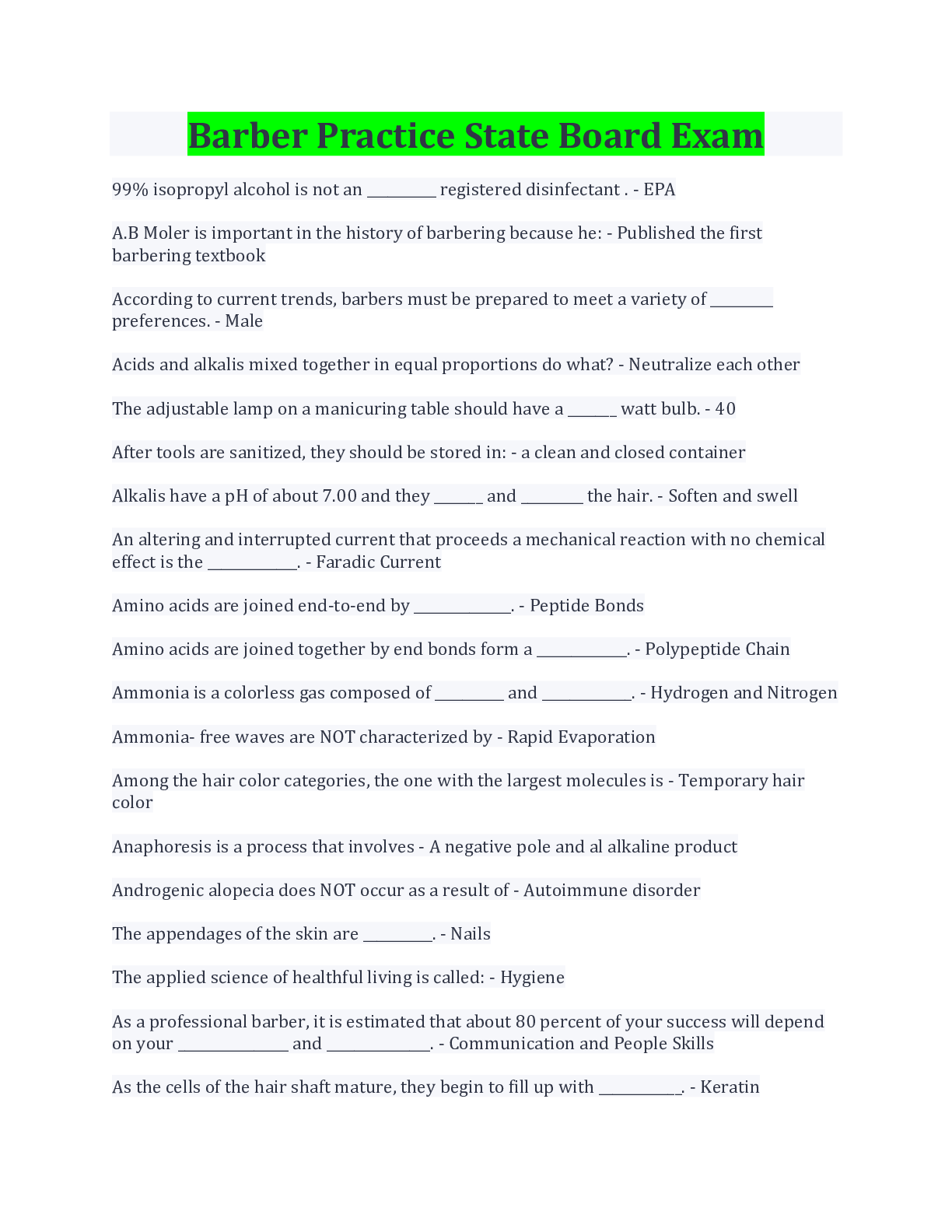 Barber Practice State Board Exam Questions And Answers With Complete ...