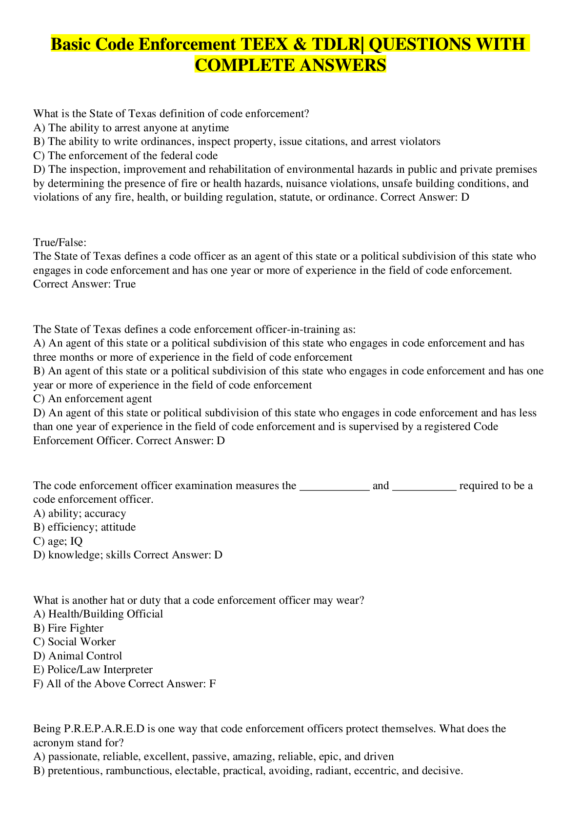 Basic Code Enforcement TEEX & TDLR| QUESTIONS WITH COMPLETE ANSWERS ...