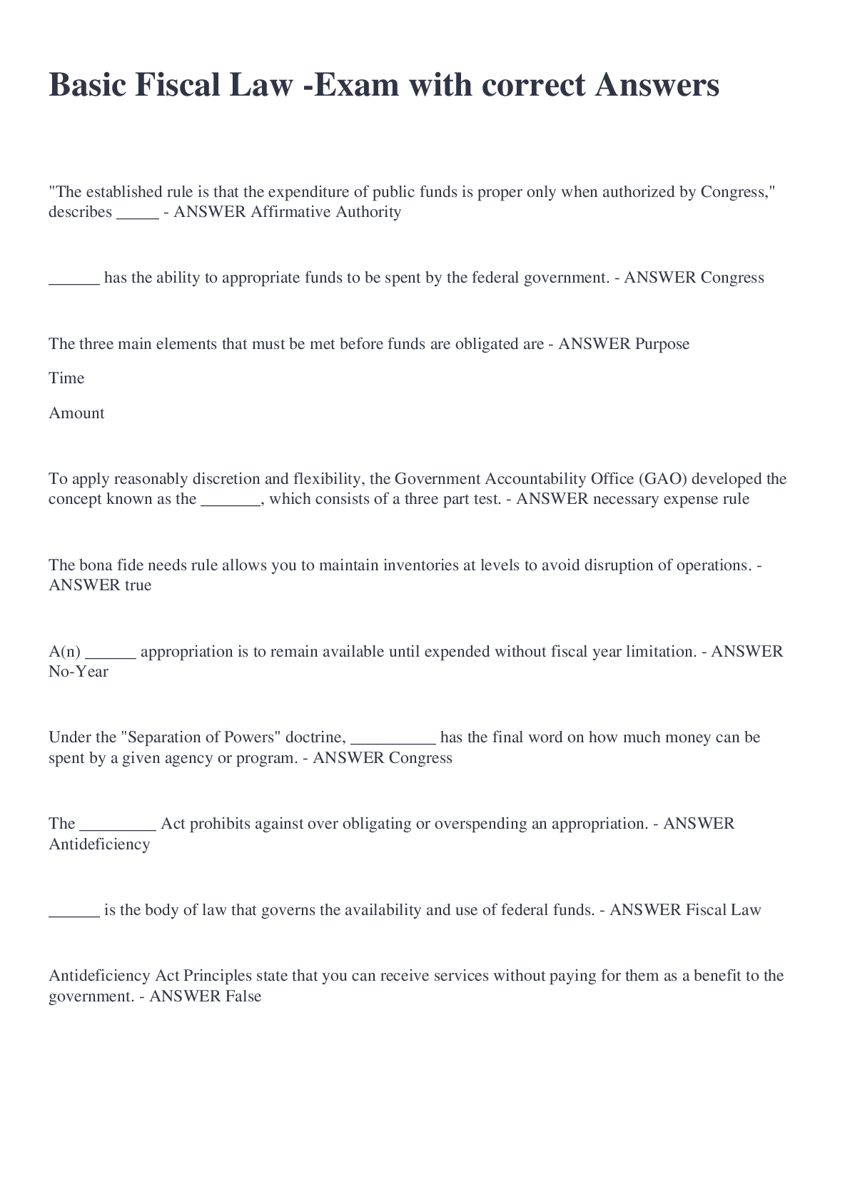 Basic Fiscal Law -Exam with correct Answers - Scholarfriends