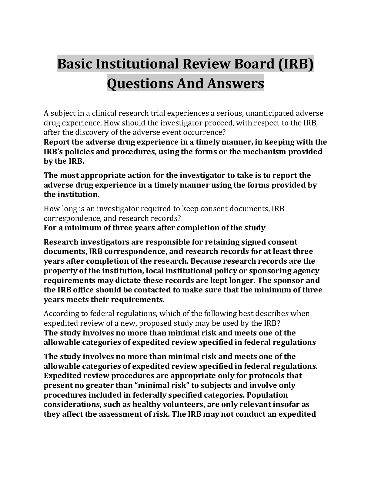 Basic Institutional Review Board (IRB) Questions And Answers 100% ...