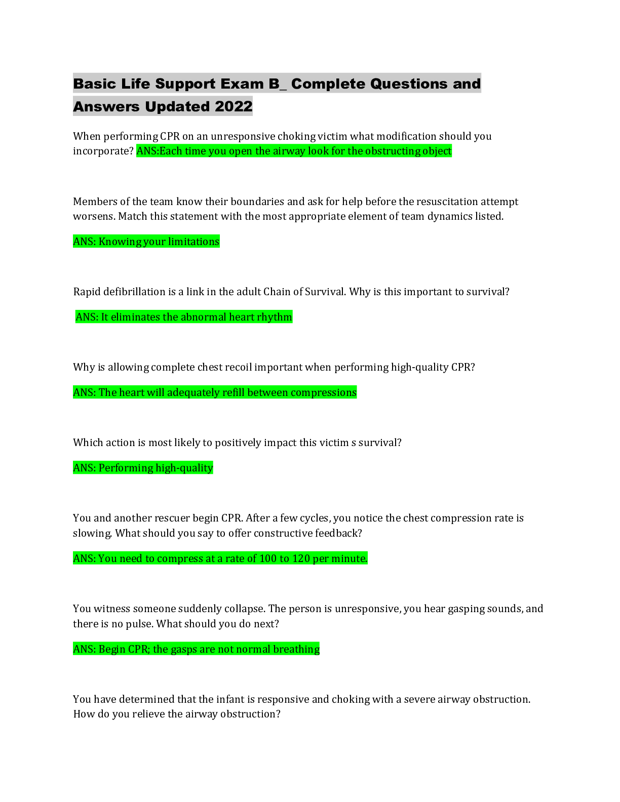 Basic Life Support Exam B_ Complete Questions and Answers Updated 2022 ...