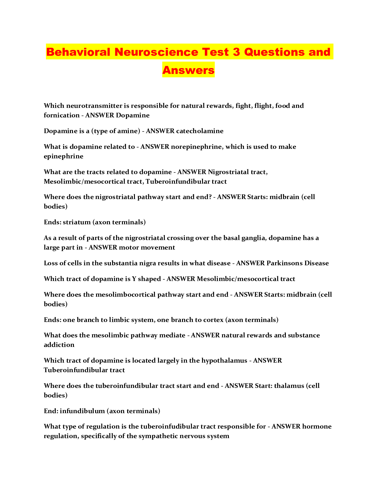 Behavioral Neuroscience Test 3 Questions and Answers - Scholarfriends
