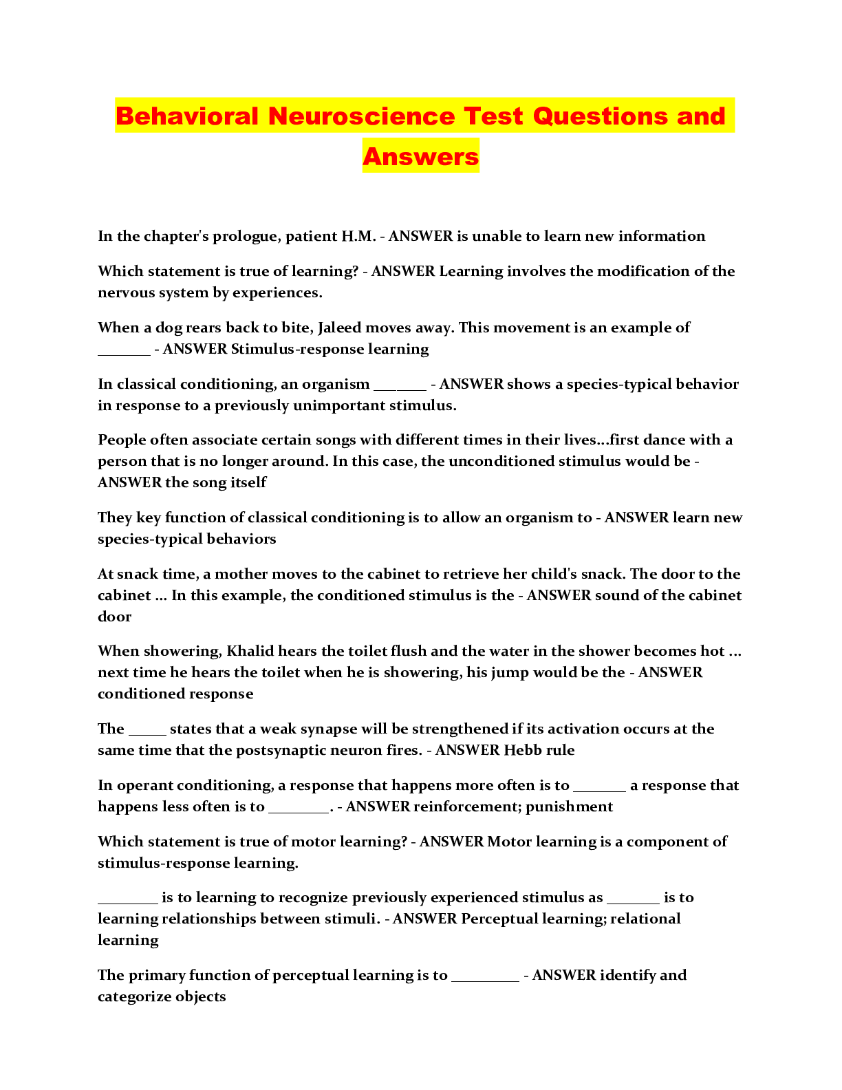 Behavioral Neuroscience Test Questions and Answers - Scholarfriends