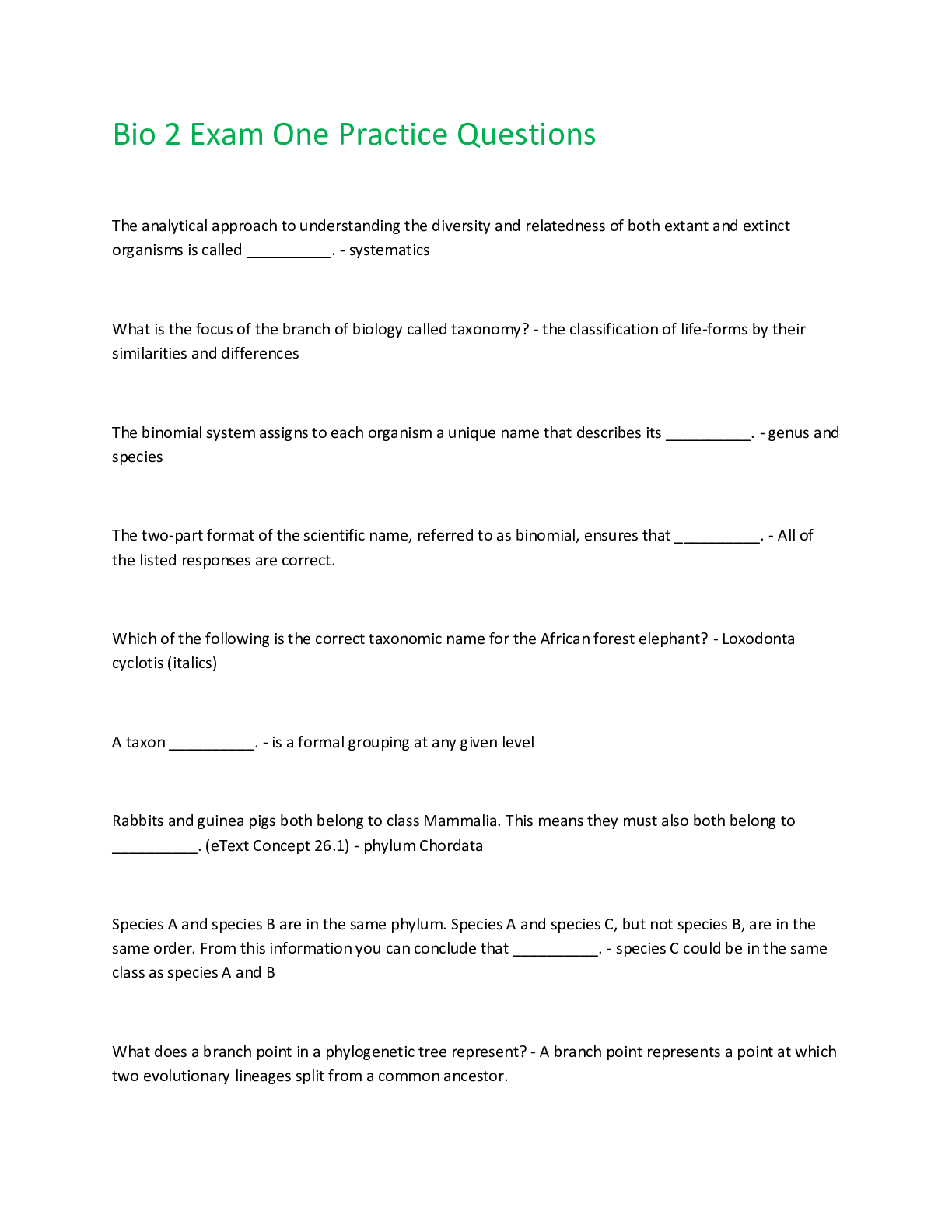 Bio 2 Exam One Practice Questions – Scholarfriends - Scholarfriends
