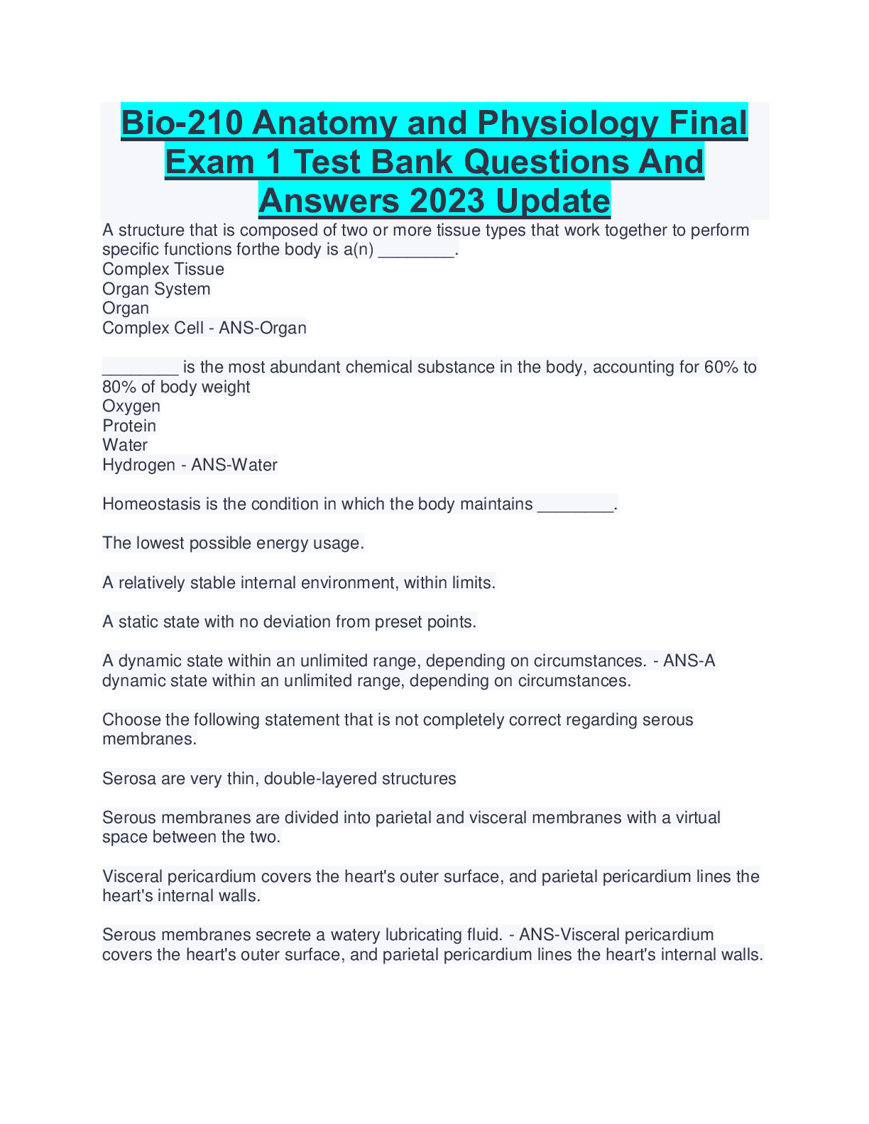 Bio-210 Anatomy and Physiology Final Exam 1 Test Bank Questions And ...