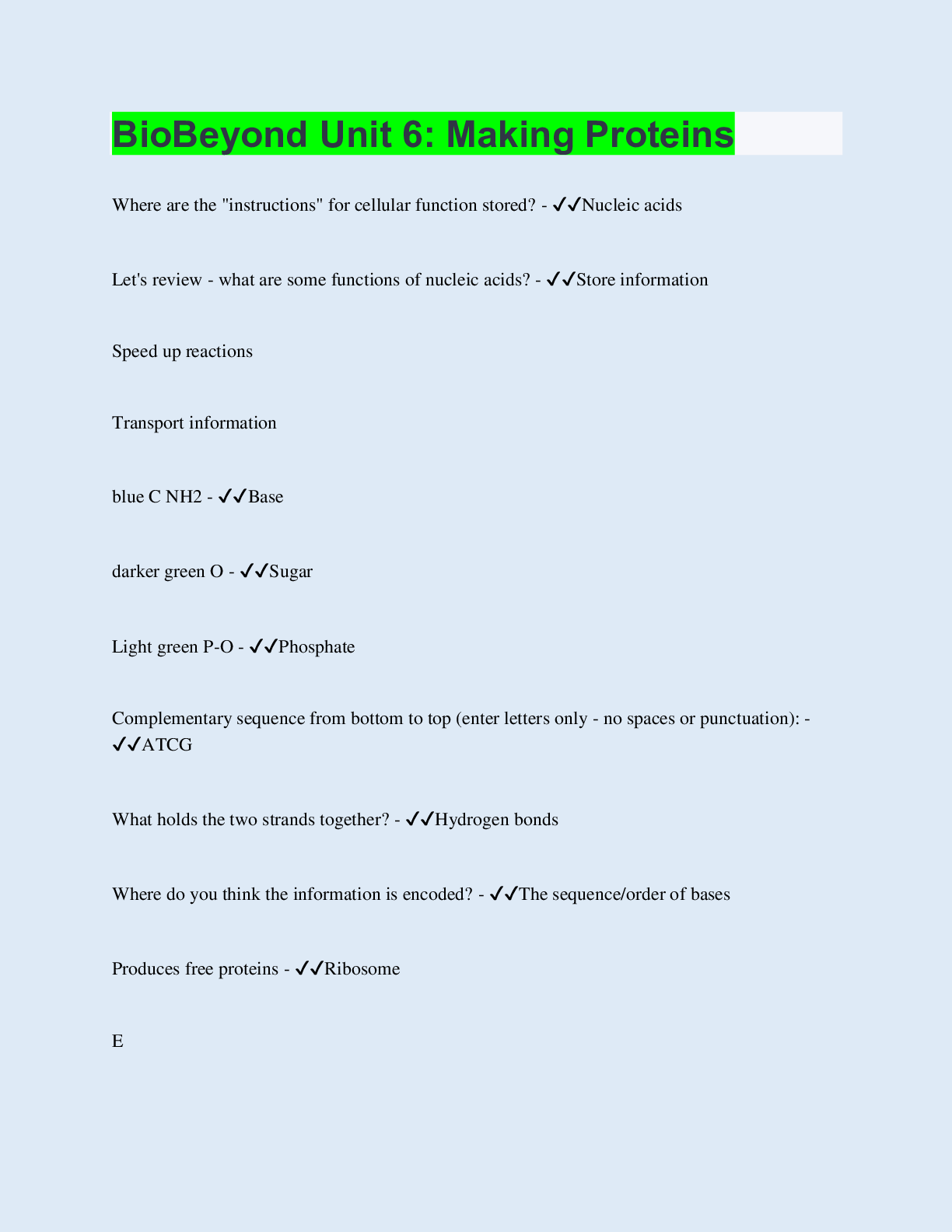 BioBeyond Unit 6: Making Proteins - Scholarfriends