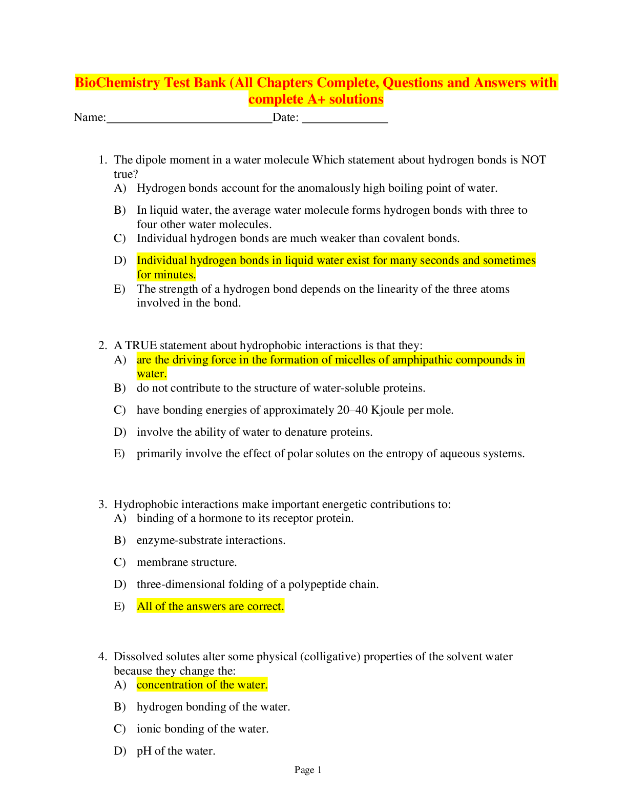 BioChemistry Test Bank (All Chapters Complete, Questions and Answers ...