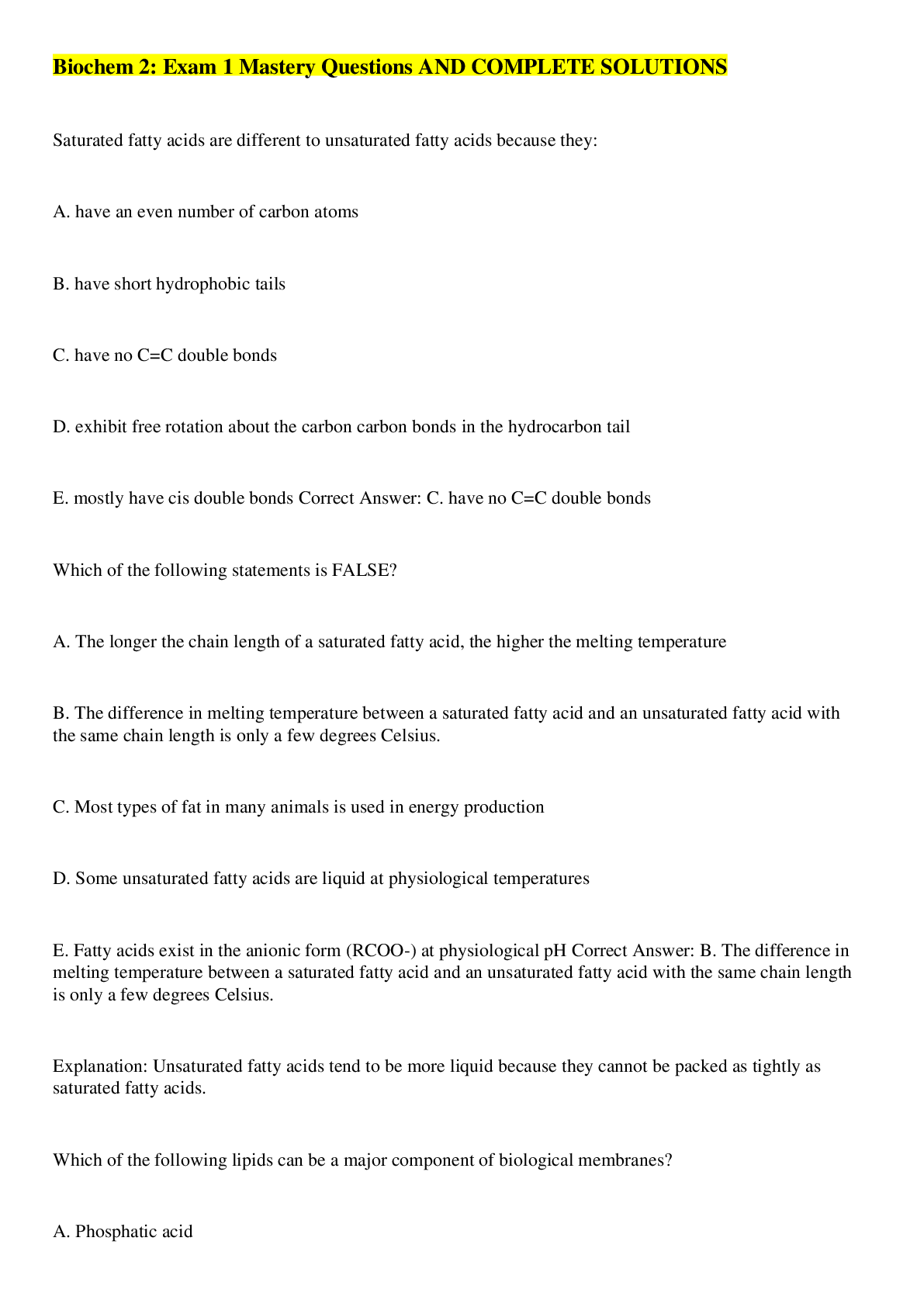 Biochem 2: Exam 1 Mastery Questions AND COMPLETE SOLUTIONS - Scholarfriends