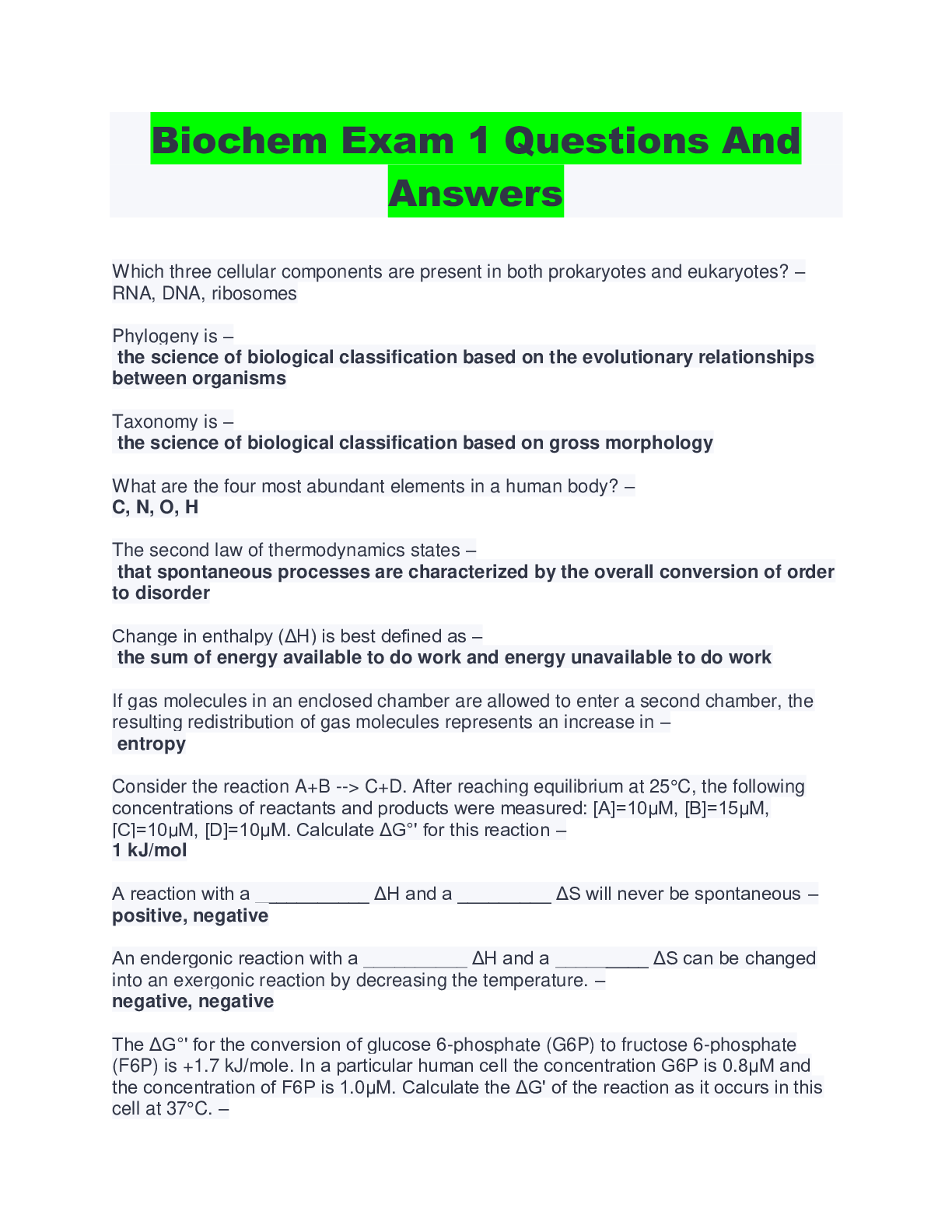 Biochem Exam 1 Questions And Answers Latest 2022( Complete top Solution ...