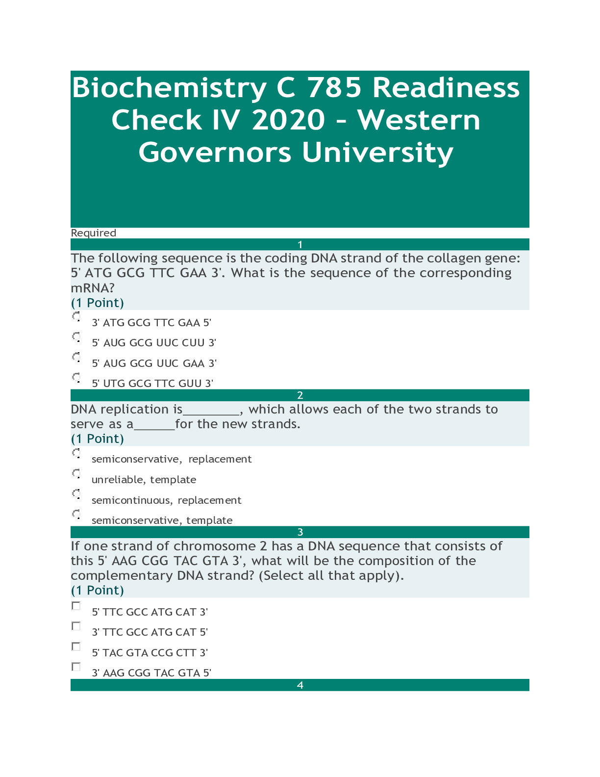 Biochemistry C 785 Readiness Check IV 2020 – Western – Scholarfriends ...