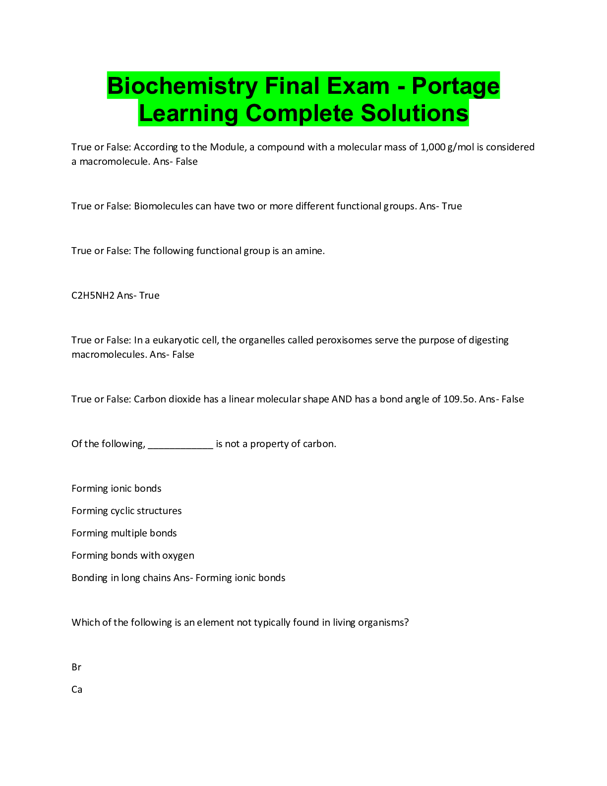 Biochemistry Final Exam | 111 Questions with 100% Correct Answers ...