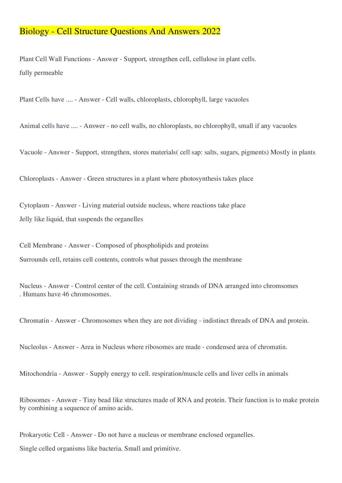 Biology - Cell Structure Questions And Answers 2022 | ScholarFriends