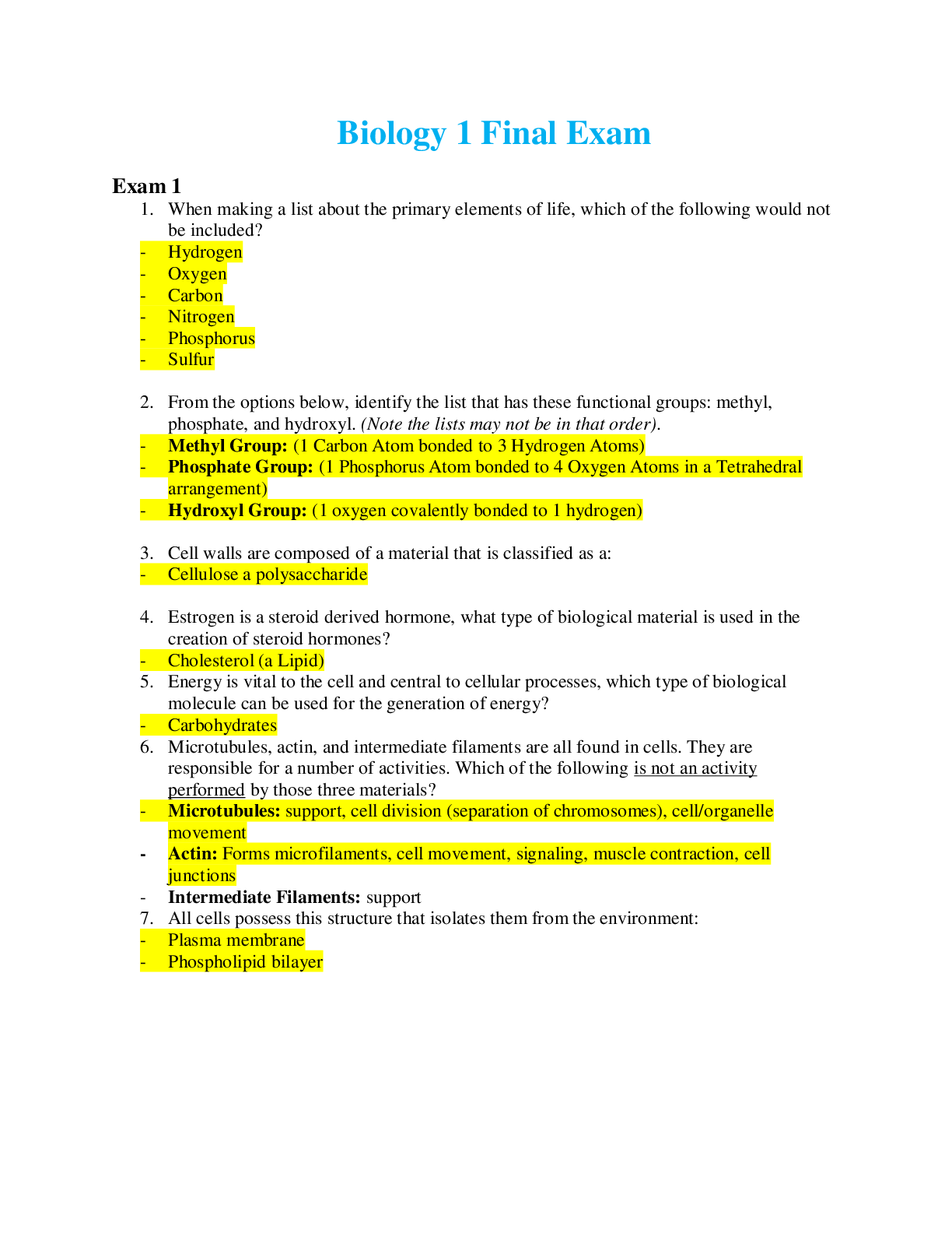 Biology 1 Final Exam Review (GRADED A) Questions and Answer solution ...