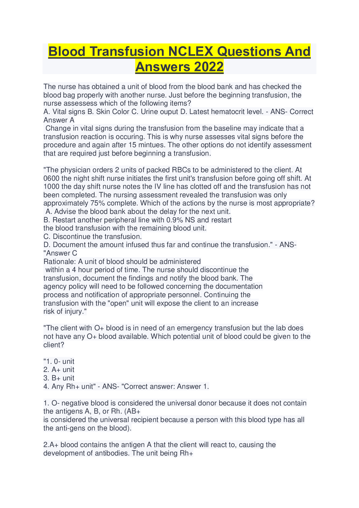 Blood Transfusion NCLEX Questions And Answers 2022 - Scholarfriends