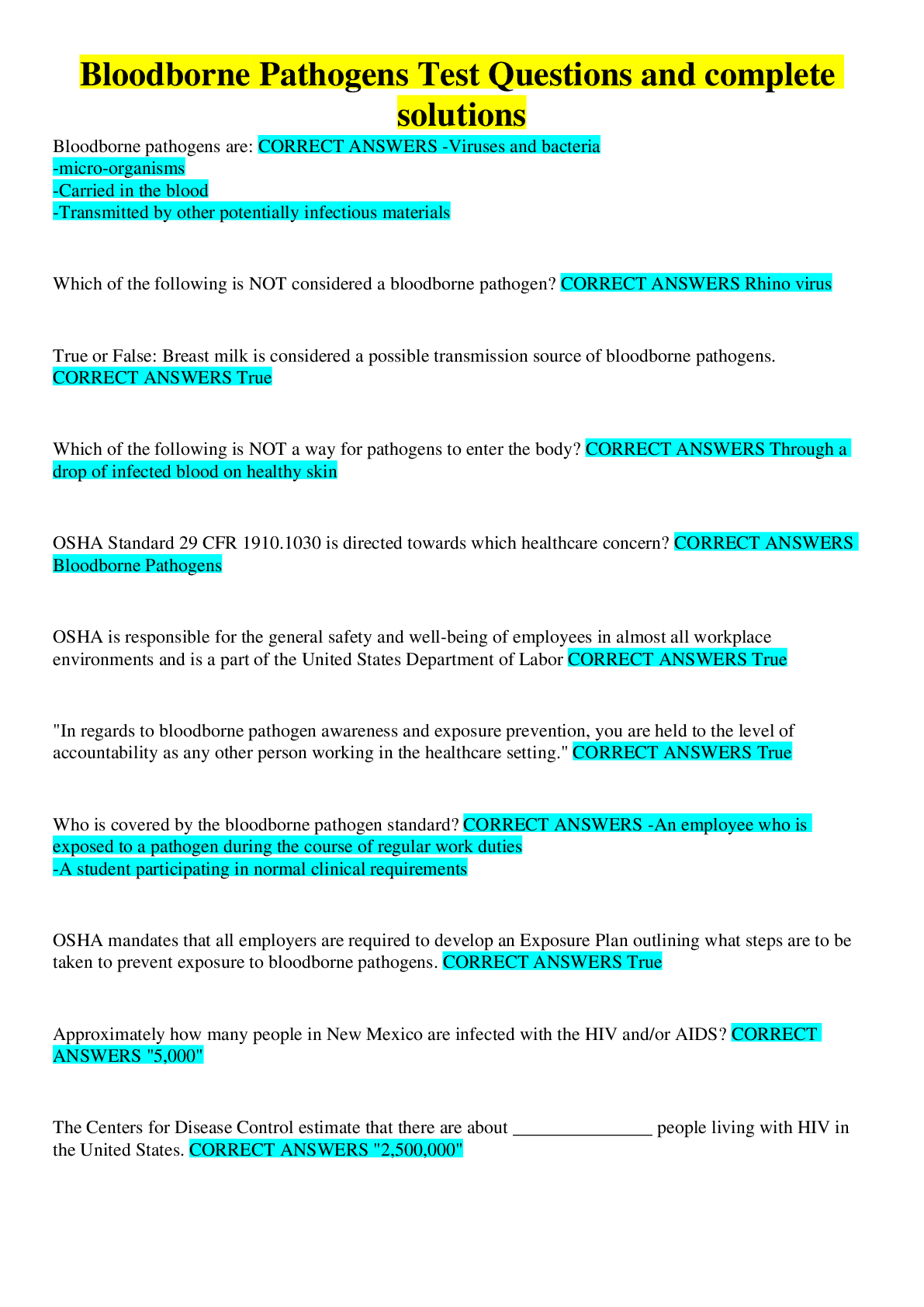 Bloodborne Pathogens Test Questions and complete solutions - Scholarfriends