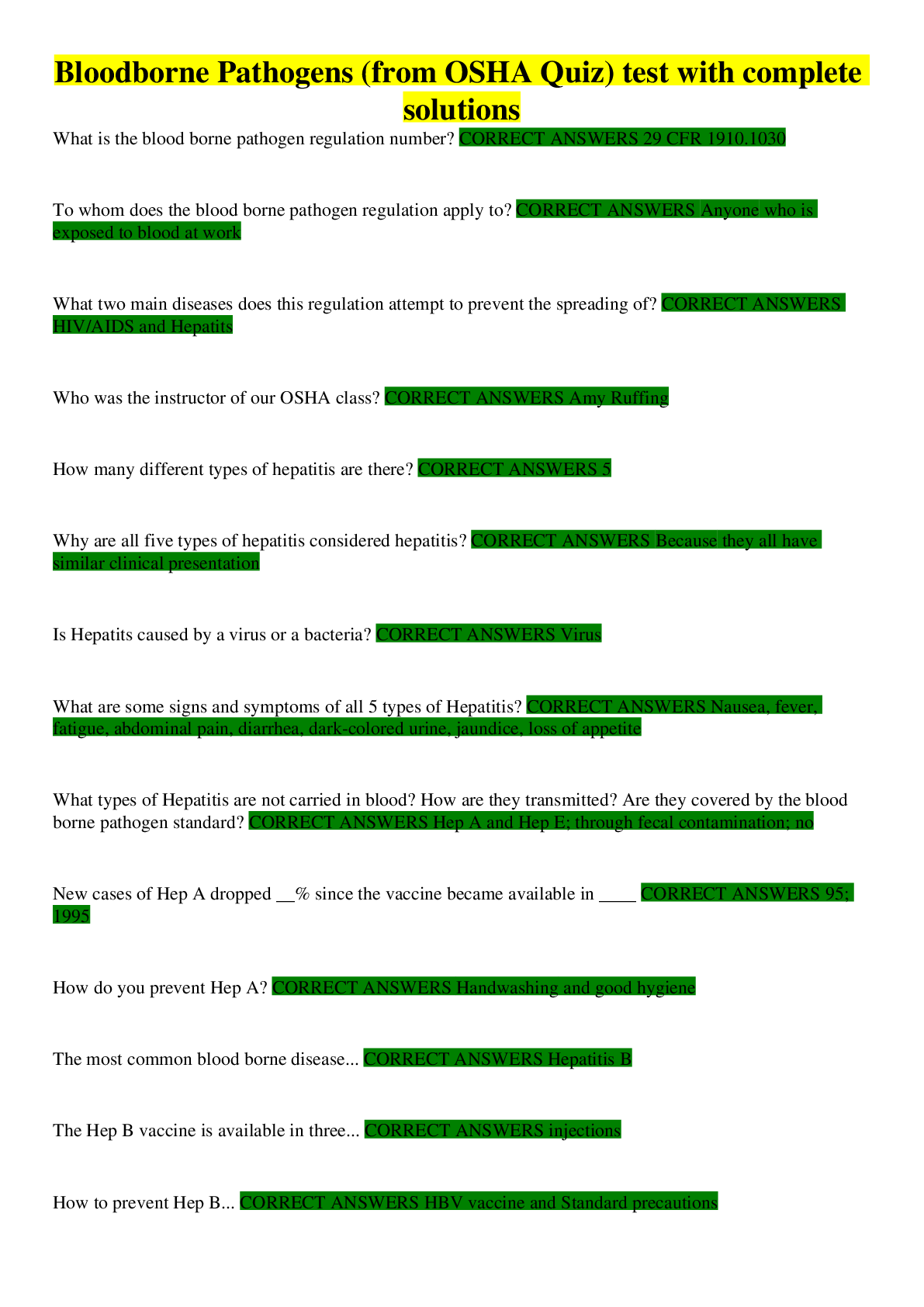 Bloodborne Pathogens (from OSHA Quiz) test with complete solutions ...