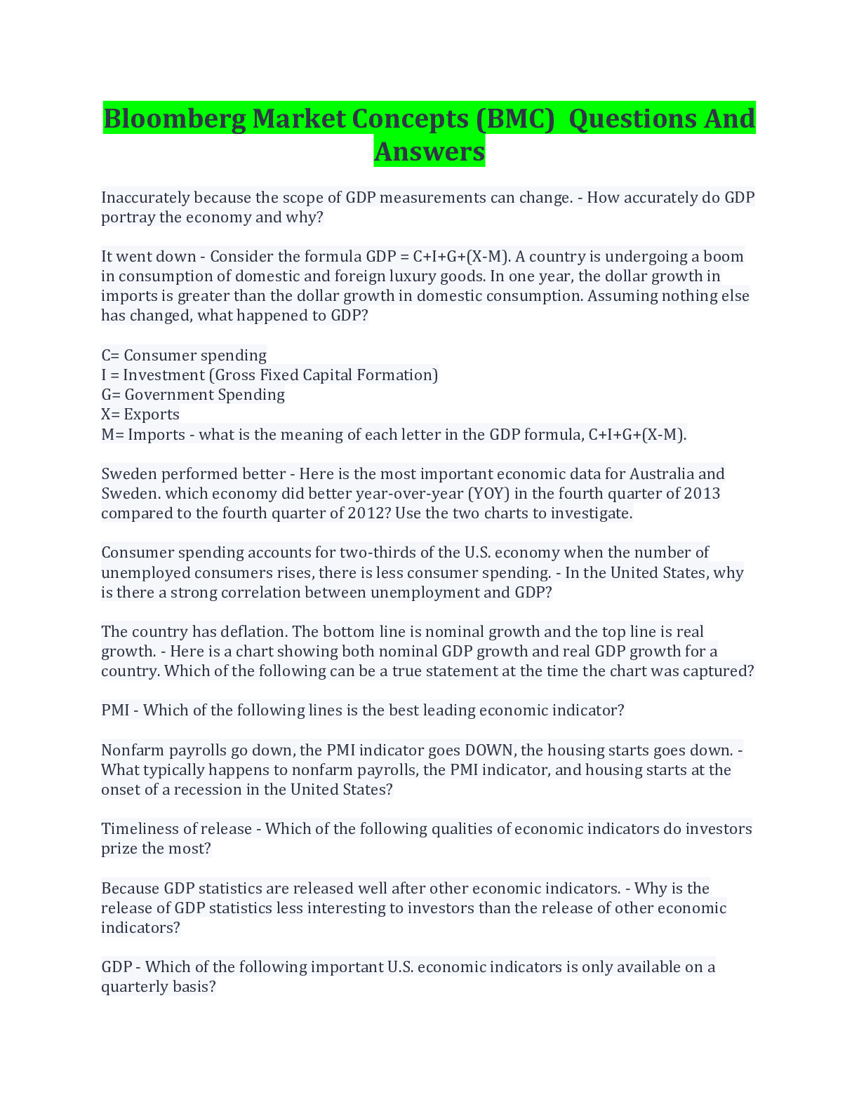 Bloomberg Market Concepts (BMC) Questions And Answers Latest Update ...