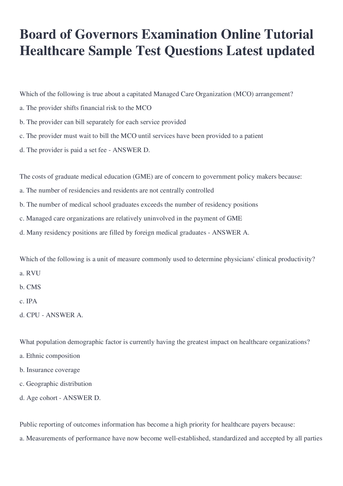 Board of Governors Examination Online Tutorial Healthcare Sample Test ...