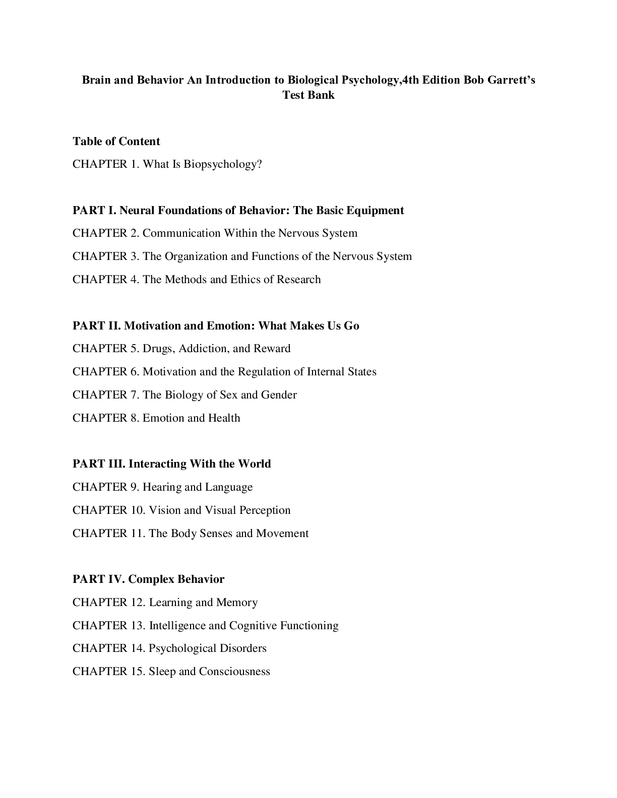 Brain and Behavior, An Introduction to Biological Psychology, 4th ...