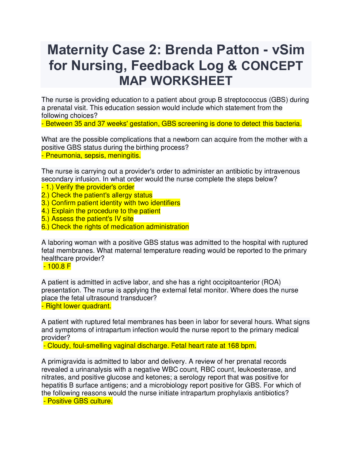 Maternity Case 2: Brenda Patton - vSim for Nursing, Feedback Log ...